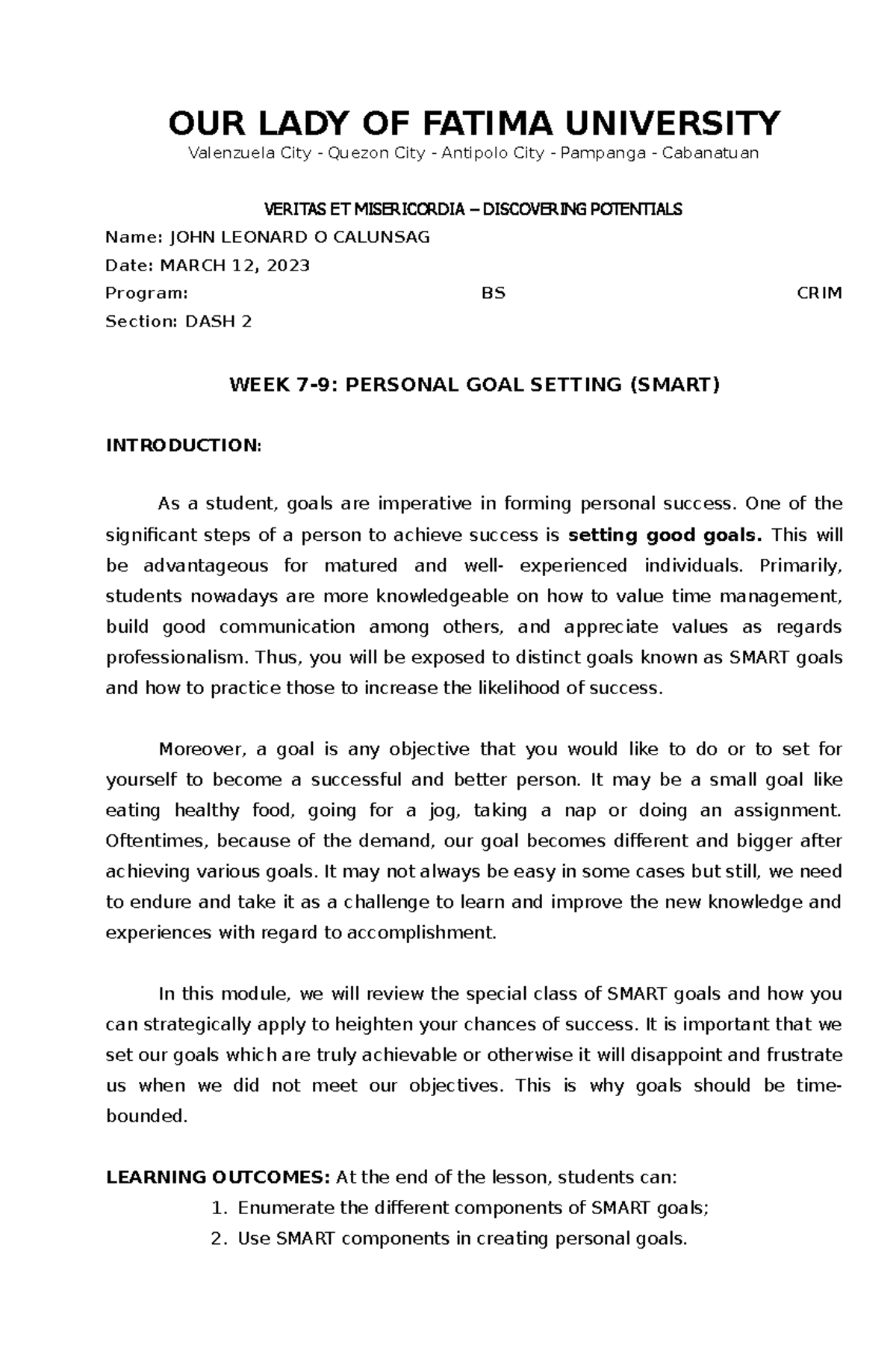 Week 7-9 Personal Goal Setting ( Smart) - Edited-1-1 - OUR LADY OF ...