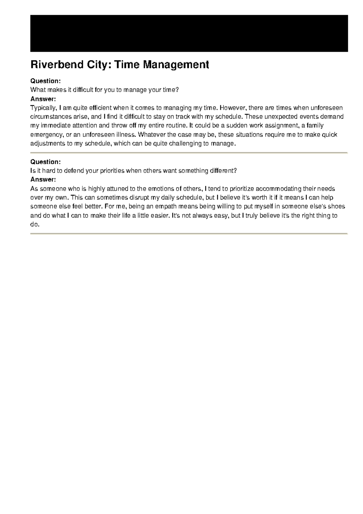 Time Management Assignment - Riverbend City: Time Management Question ...