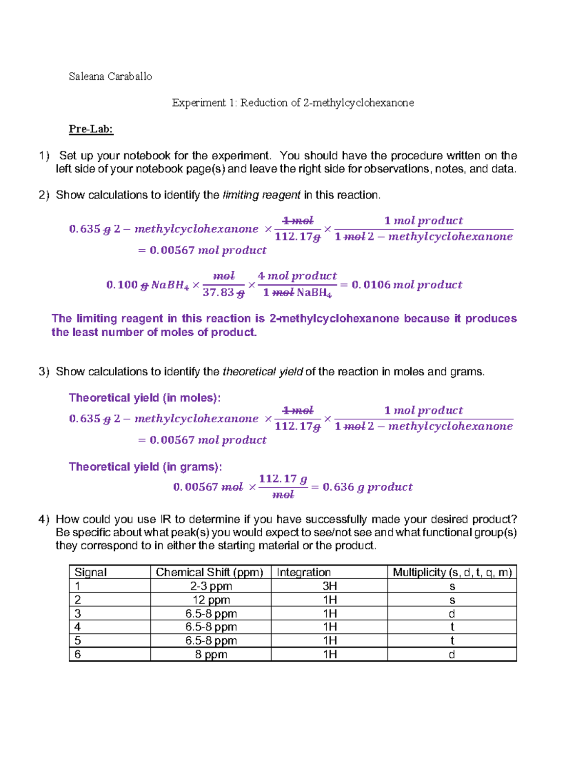 Notebook 1 - Saleana Caraballo Experiment 1: Reduction of 2 ...