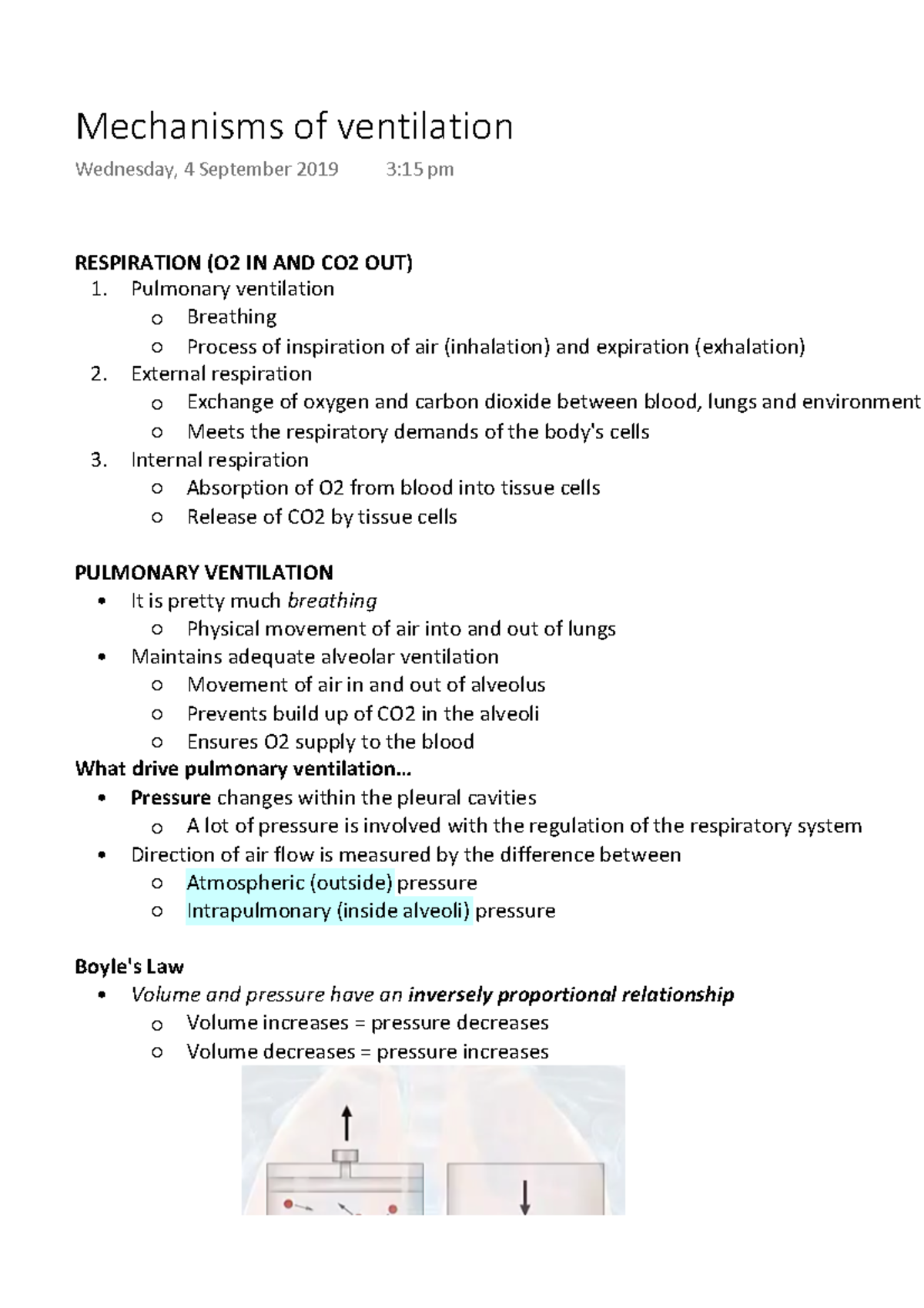 Mechanisms of ventilation - RESPIRATION (O2 IN AND CO2 OUT) Pulmonary ...