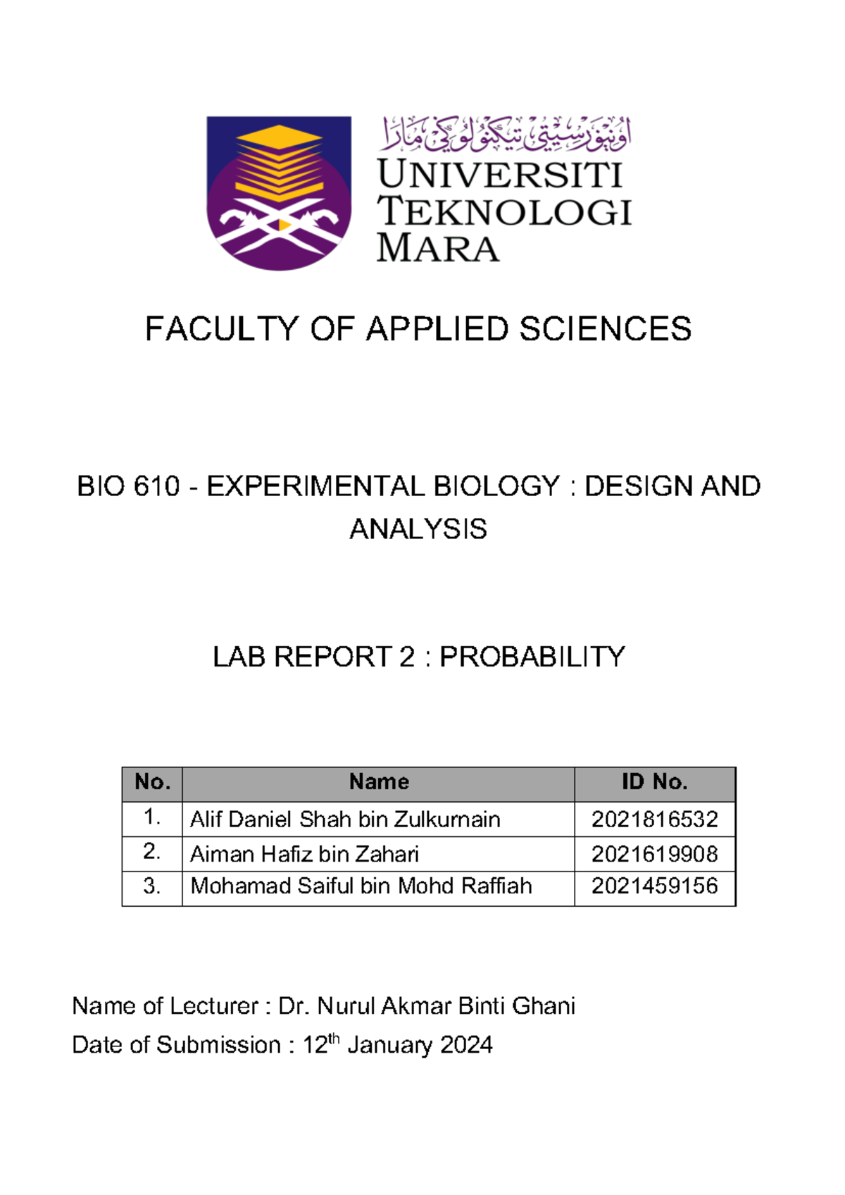 Experiment 2 Lab Bio - FACULTY OF APPLIED SCIENCES BIO 610 ...