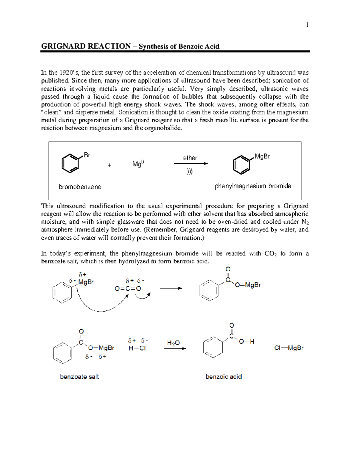 Grignard-experiment - lab report - GRIGNARD REACTION – Synthesis of Benzoic Acid In the 1920’s ...