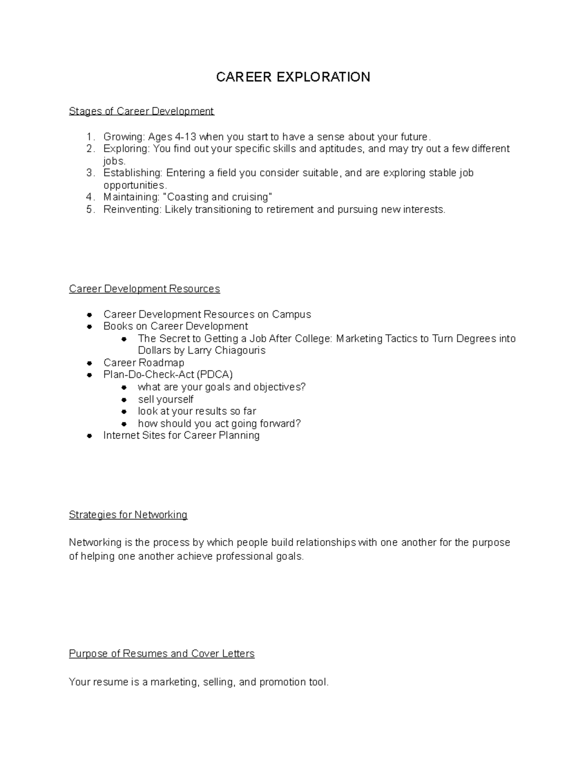 College Success Notes #6 - CAREER EXPLORATION Stages of Career ...