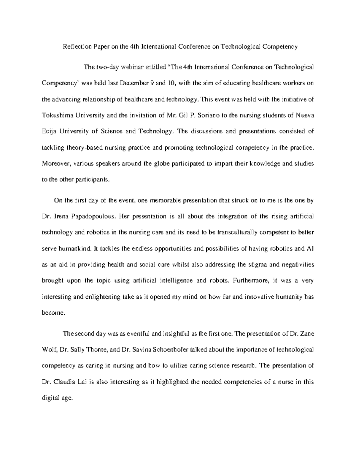 Conference Reflection Paper - Reflection Paper on the 4th International ...