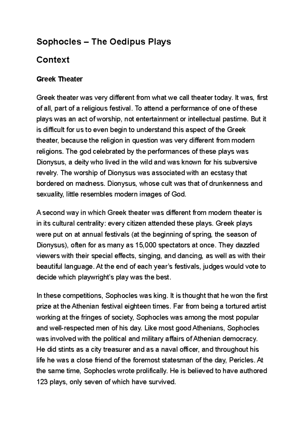 Sophocles - The Oedipus Plays - Context - Sophocles The Oedipus Plays ...