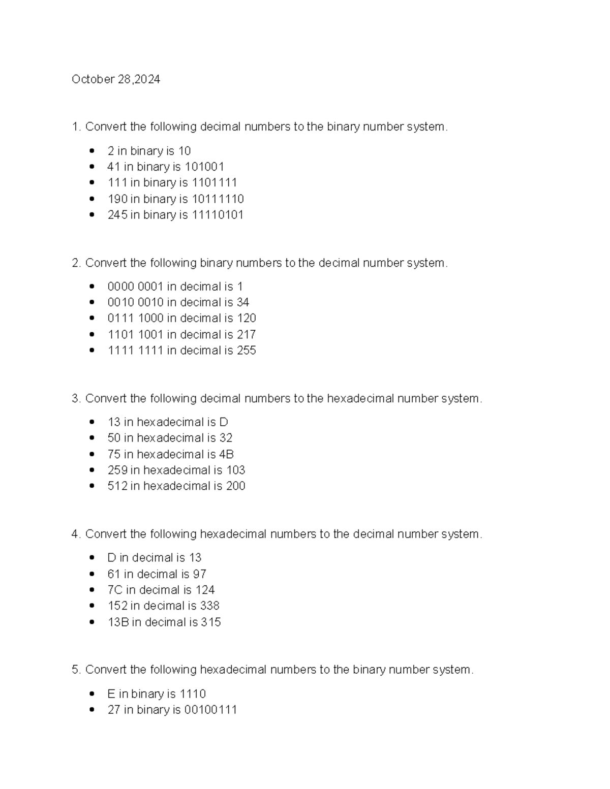 computer concept assignment 6 - October 28, Convert the following decimal numbers to the binary ...