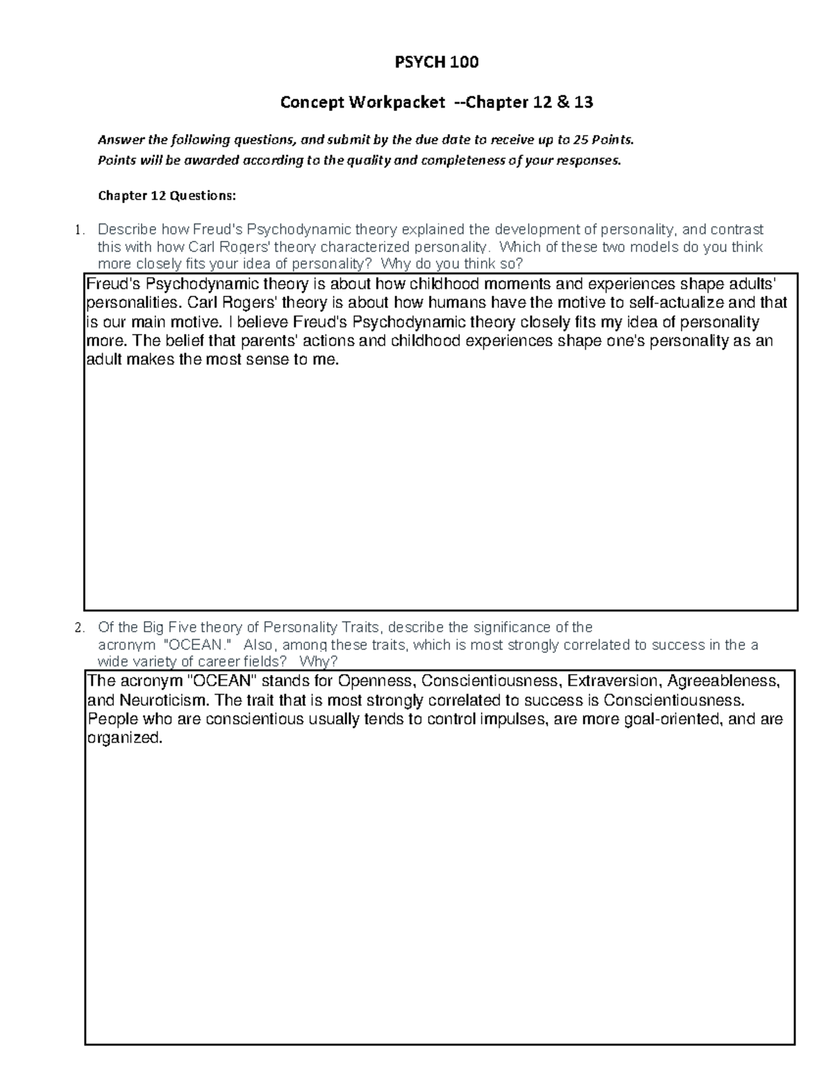 12.13 packet - PSYCH 100 Concept Workpacket -Chapter 12 & 13 Answer the ...