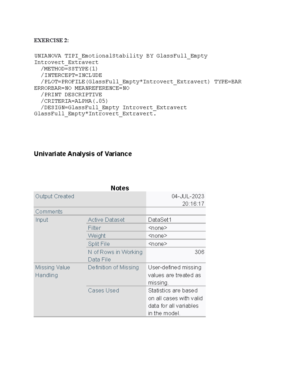 Output Lab 8 - EXERCISE 2: UNIANOVA TIPI_EmotionalStability BY GlassFull_Empty Introvert ...