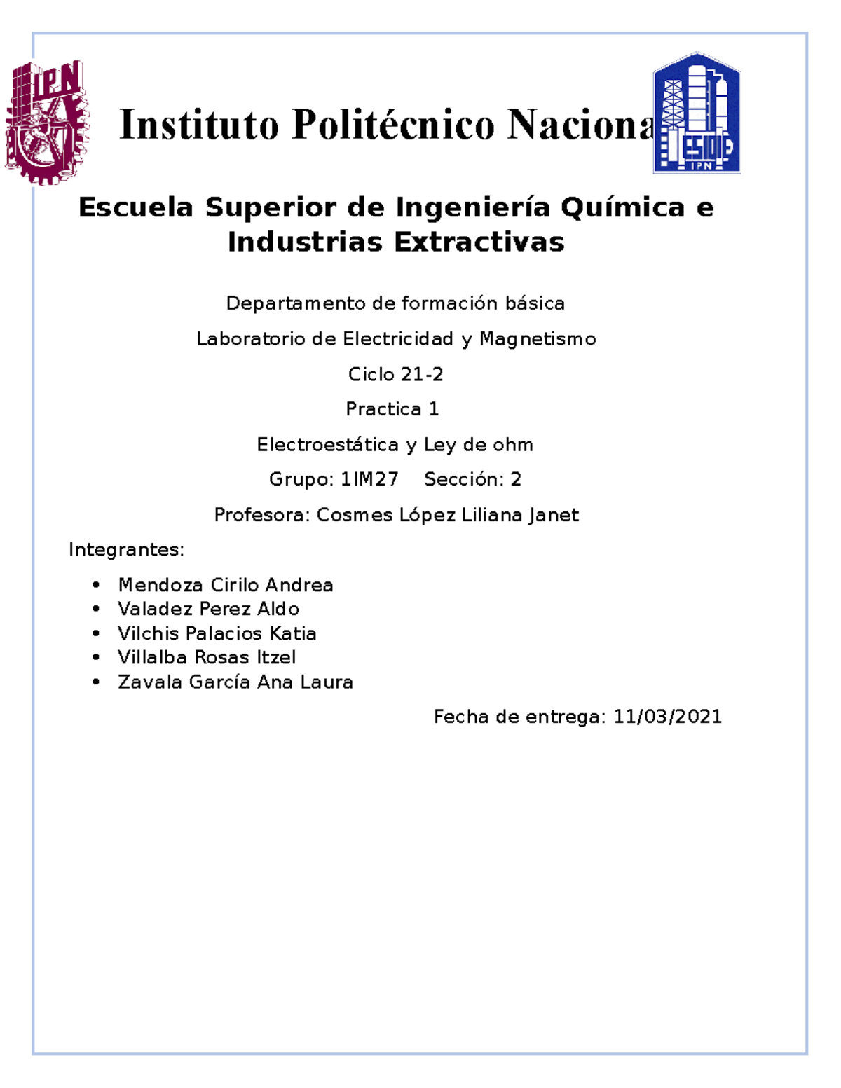 LEy M Practica 1 Eq 6 - Ptacticas de Electricidad y Magnetismo - Instituto Politécnico Nacional ...
