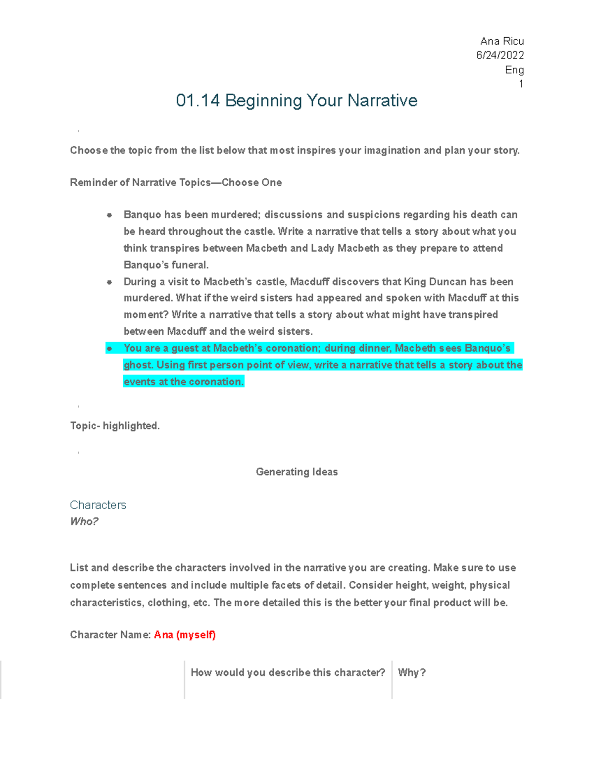 01.14 Beginning Your Narrative - 6/24/ Eng 1 01 Beginning Your ...