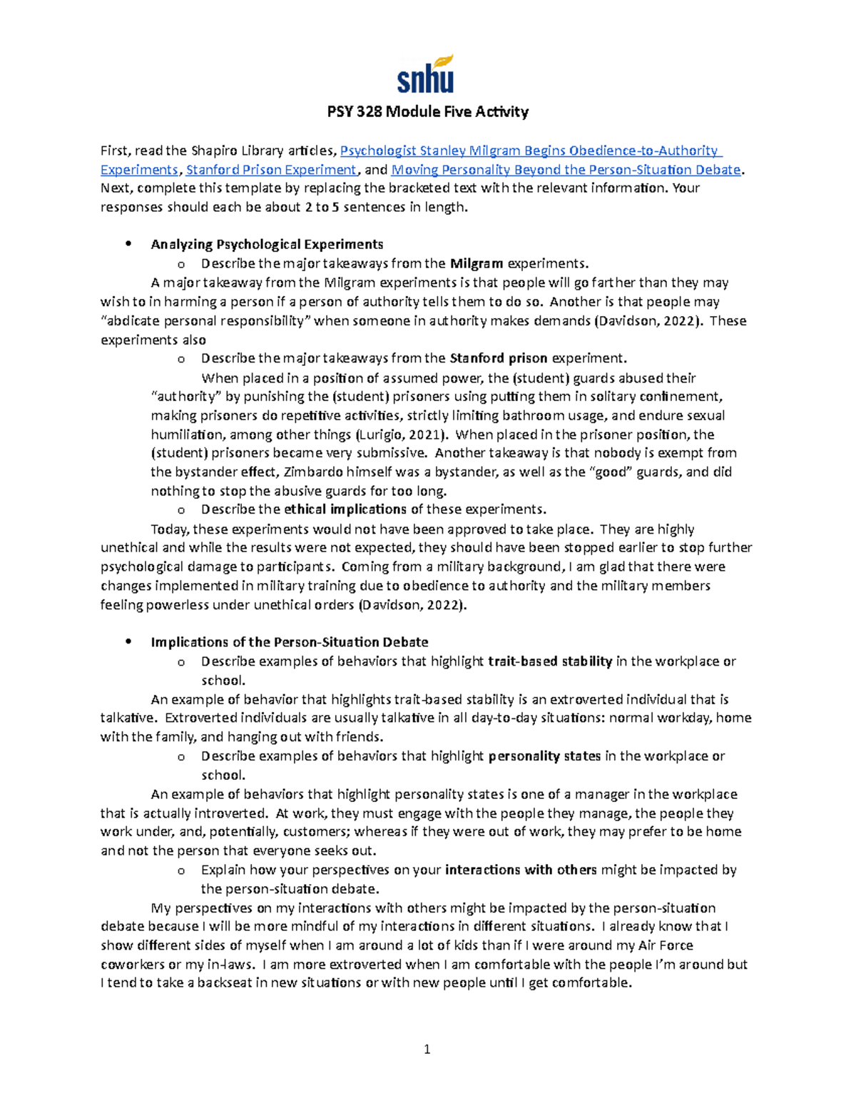 PSY 328 Module Five Activity - PSY 328 Module Five Activity First, read the Shapiro Library ...