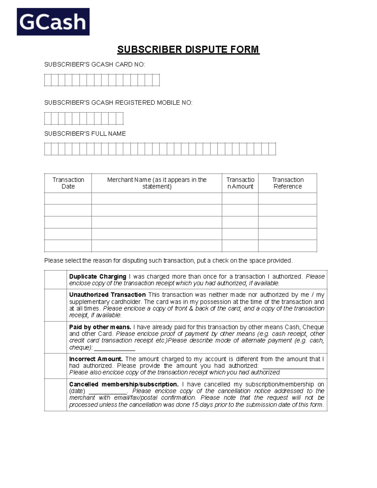GCash Dispute Form 2 - SUBSCRIBER DISPUTE FORM SUBSCRIBER’S GCASH CARD ...