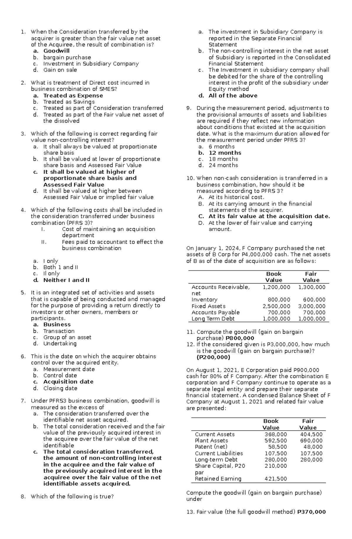 Acctg 337 Prelim-Examination Answer-Key Set-B - When the Consideration transferred by the ...