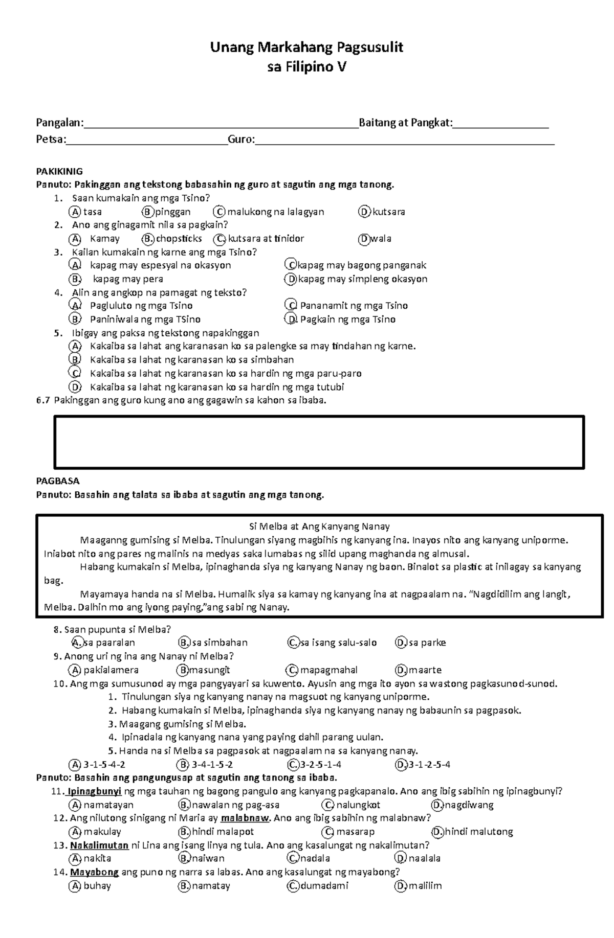 PT Filipino%205 Q1 - Good luck.ctto - Unang Markahang Pagsusulit sa ...