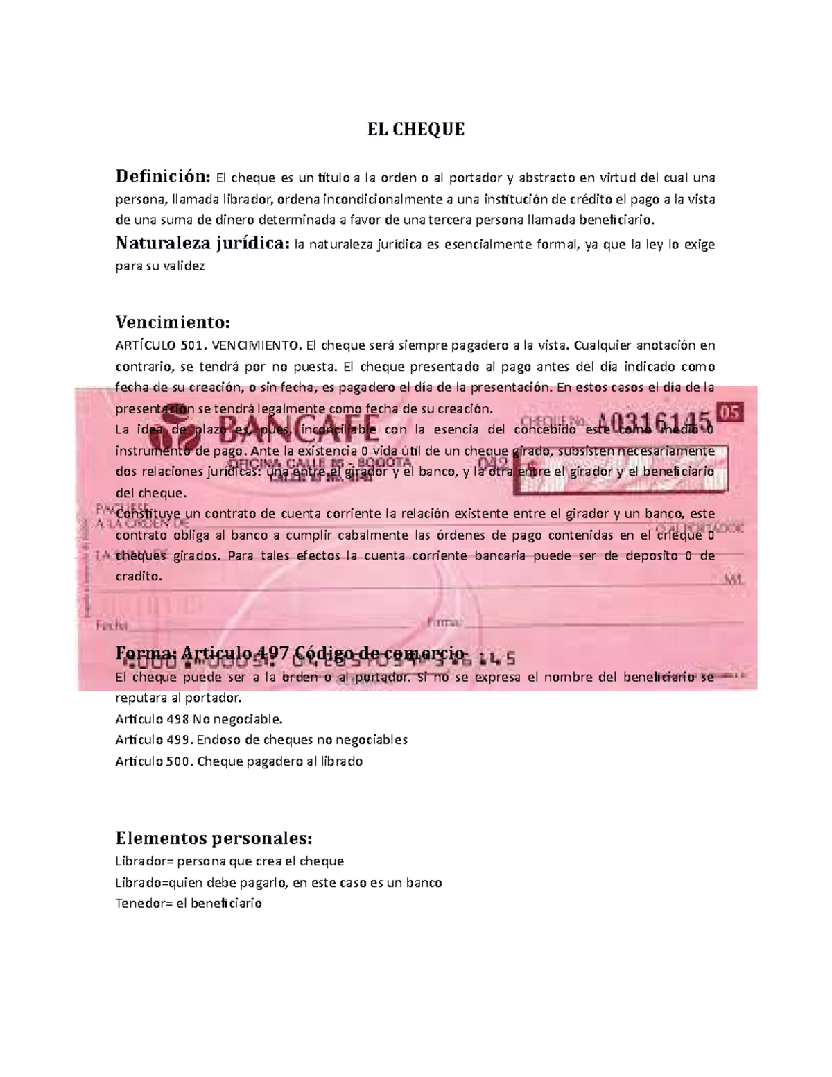 El cheque - del curso recibido - EL CHEQUE Definición: El cheque es un ...