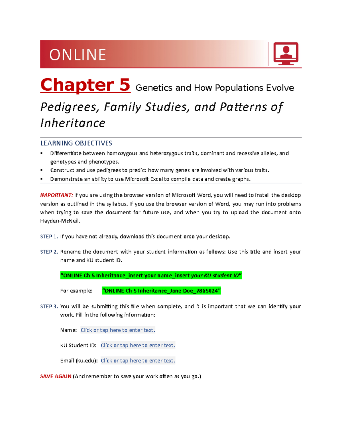 Online Ch 5 Inheritance insert name insert ID - Chapter 5 Genetics and How Populations Evolve ...