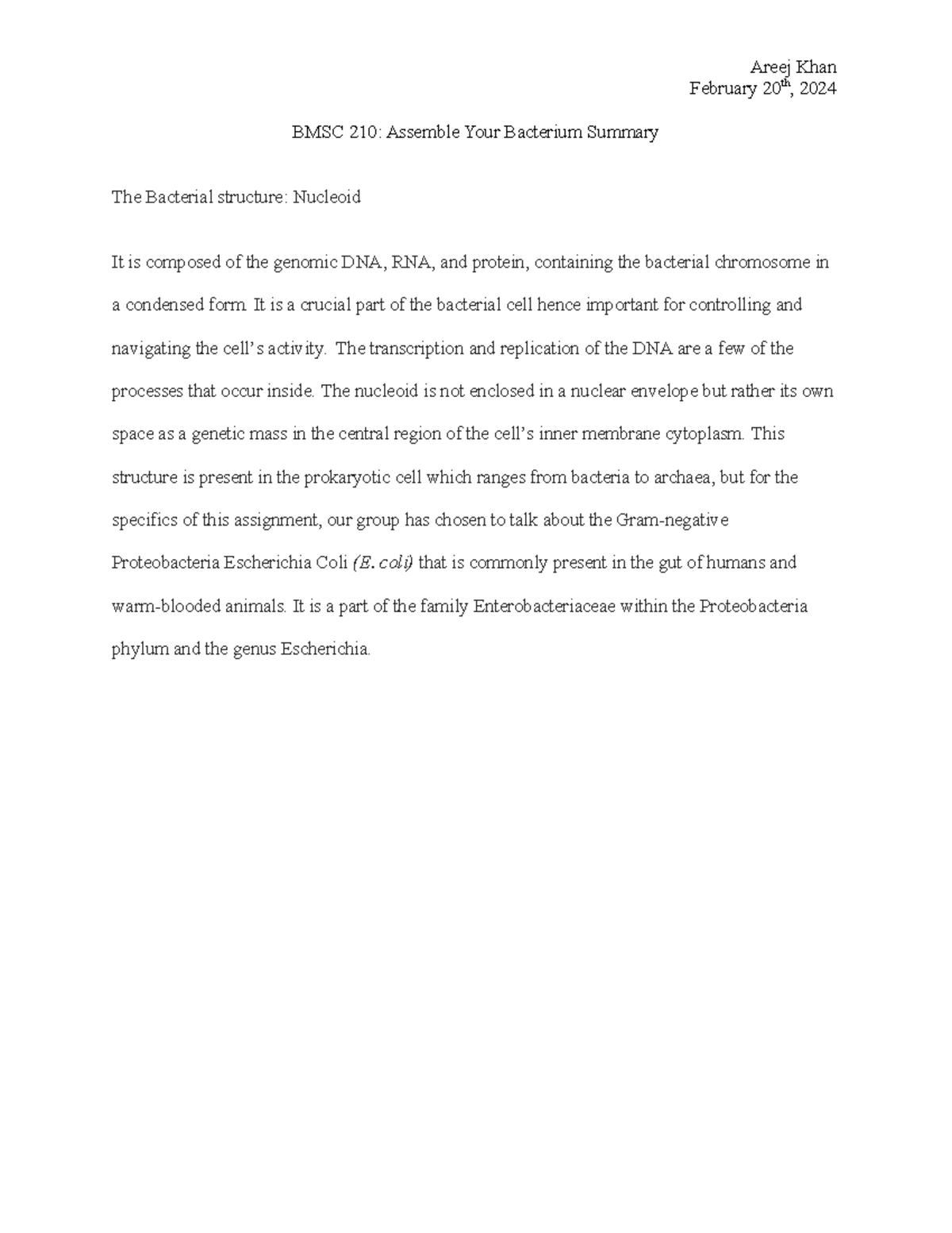 BMSC 210 Assemble your Bacterium Summary - Areej Khan February 20th ...
