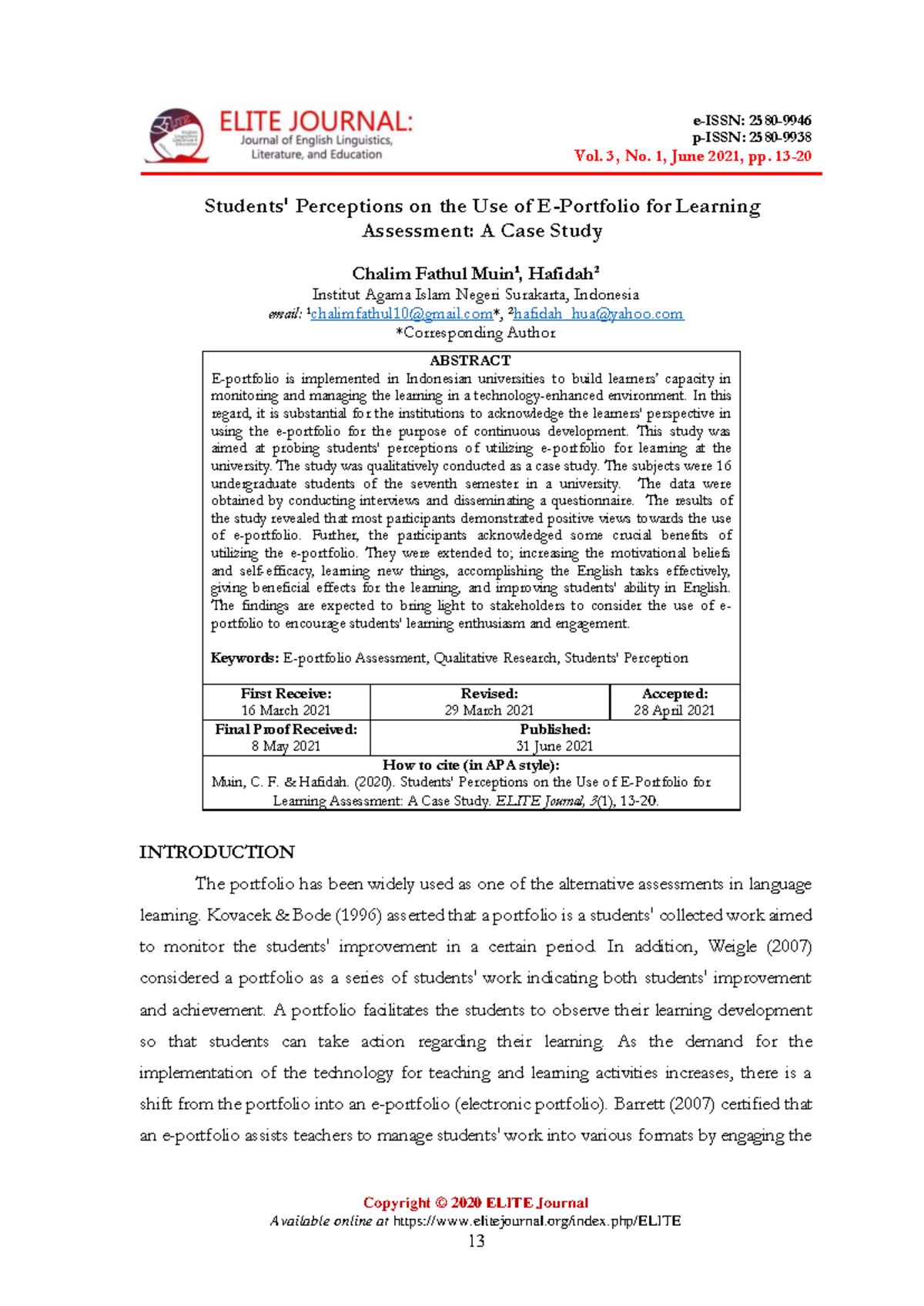 Students' Perceptions on the Use of E-Portfolio for Learning Assessment- A Case Study ...