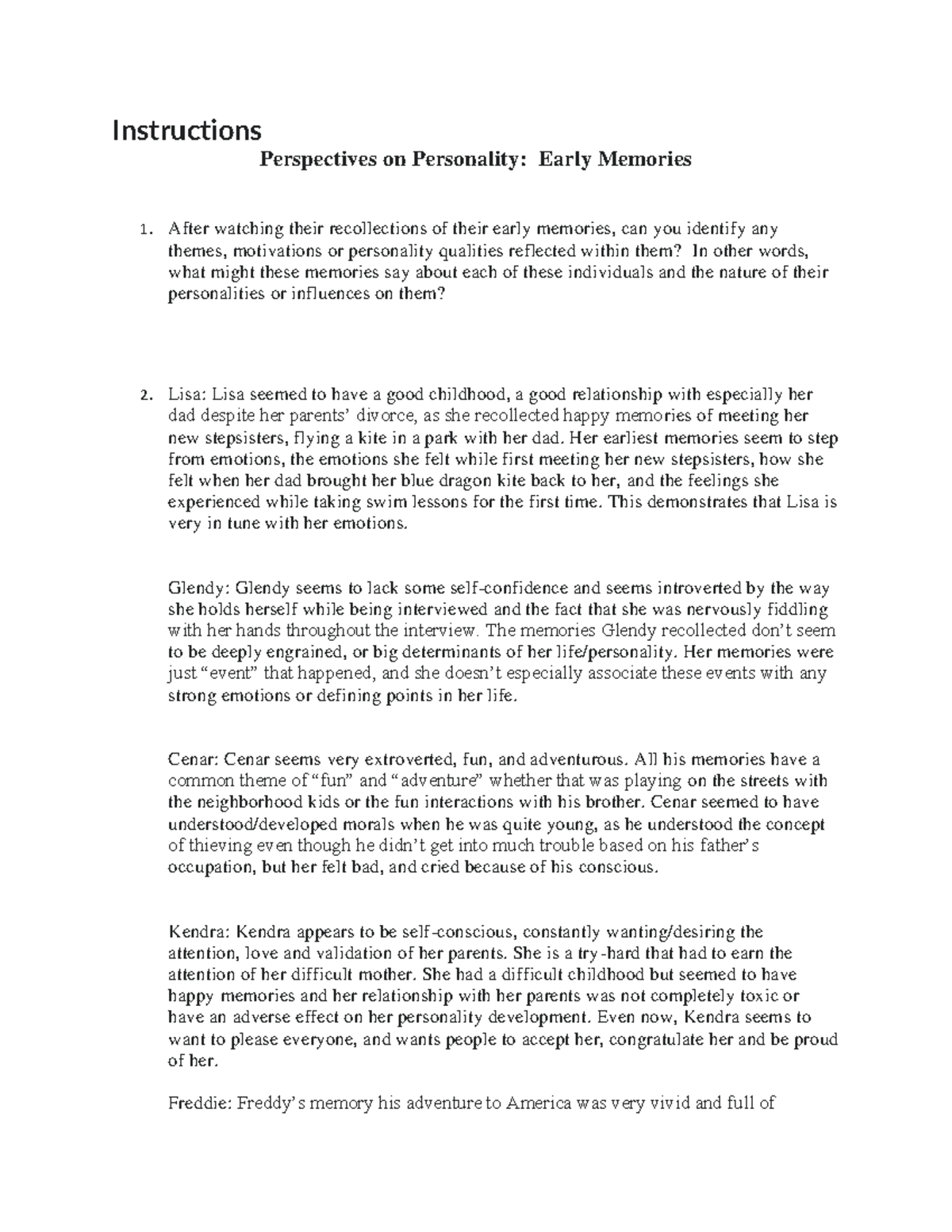 Perspectives on Personality Reflection Sheet Assignment 4 – Early ...