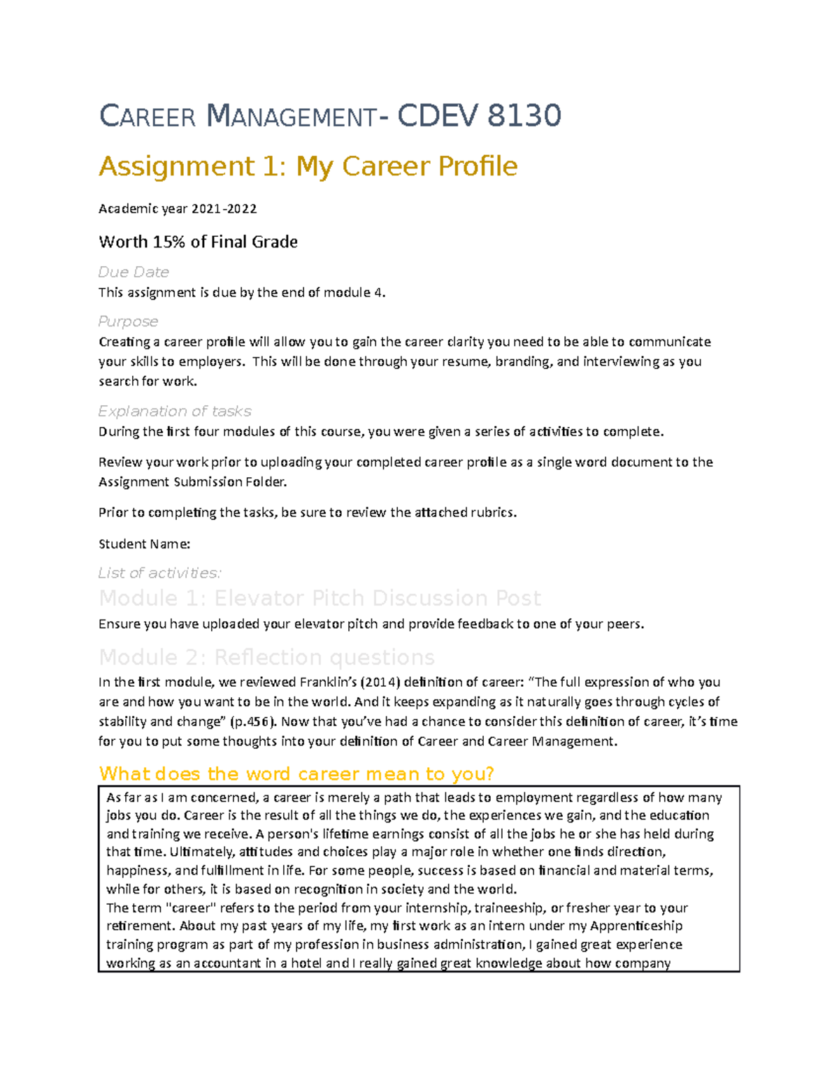 Career Management - CAREER MANAGEMENT- CDEV 8130 Assignment 1: My ...