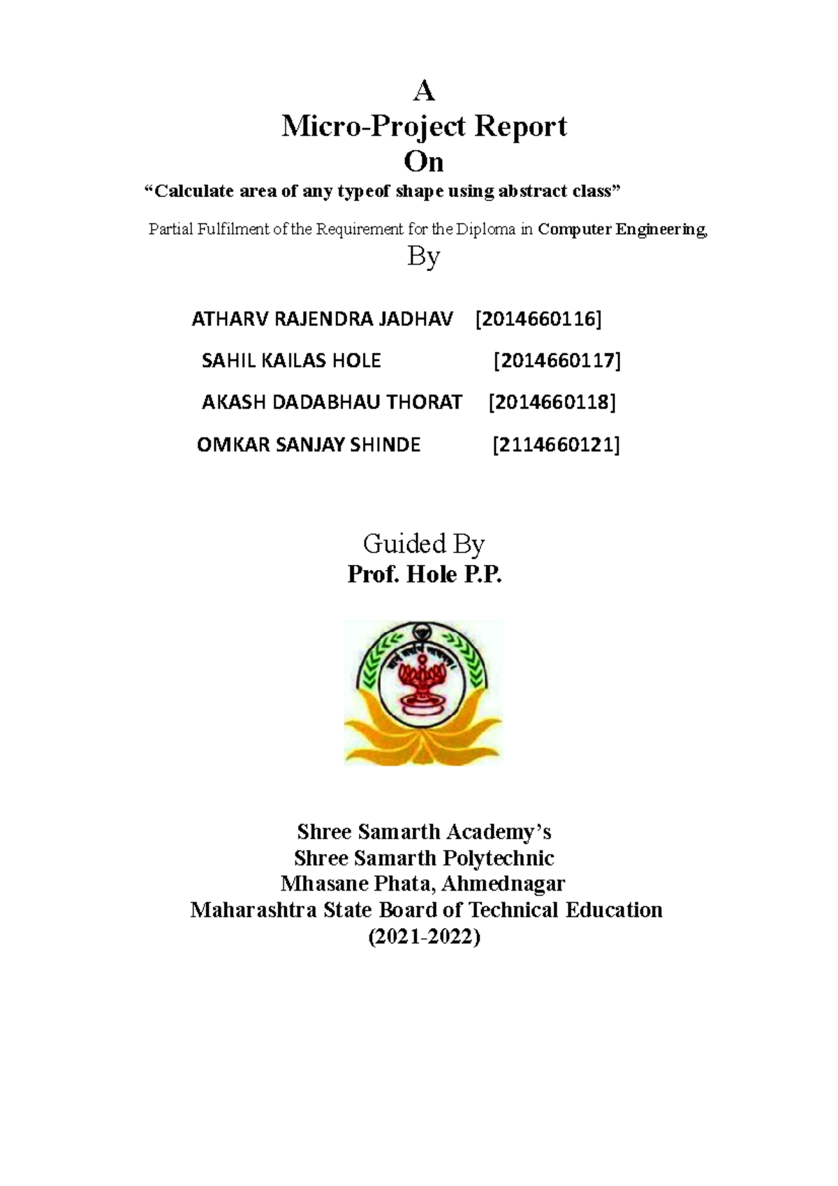 Jpr Microproject A Micro Project Report On Calculate Area Of Any Typeof Shape Using Abstract