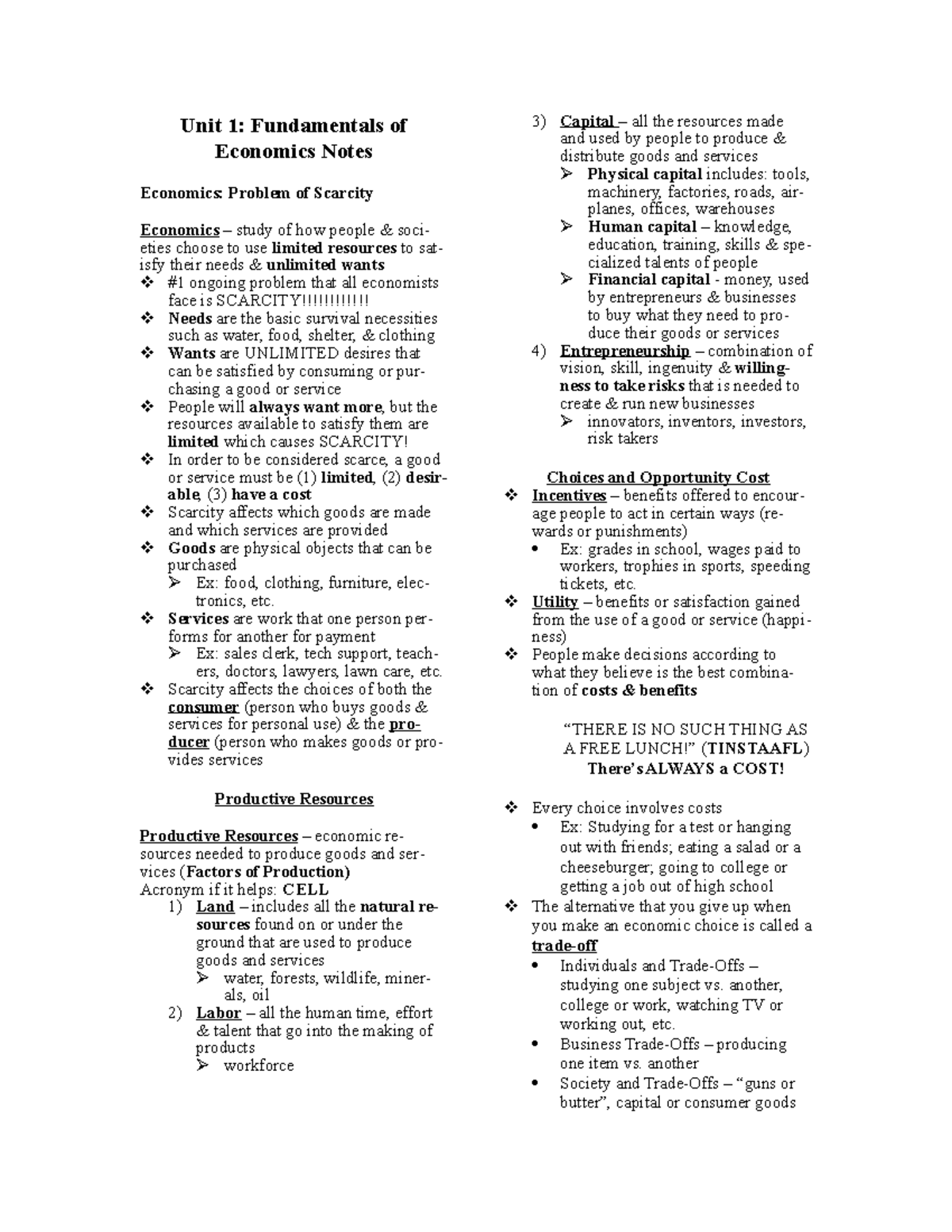 Econ Unit 1 Fundamentals Notes - Unit 1: Fundamentals of Economics ...