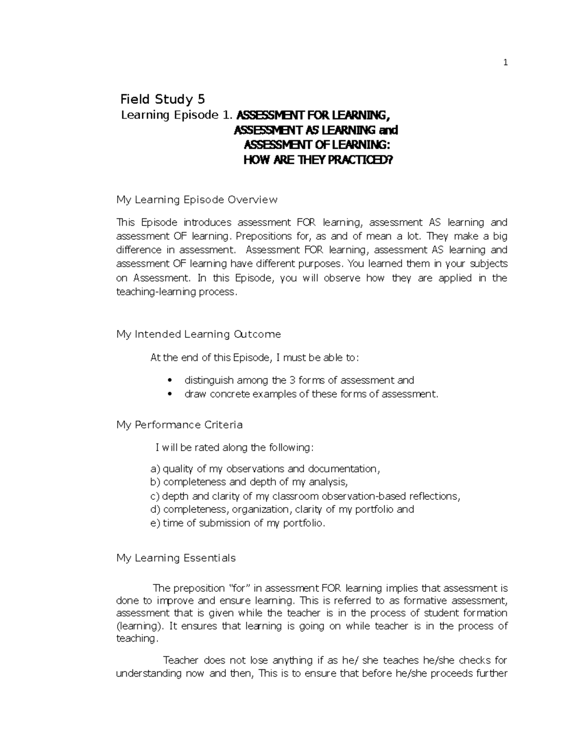 Field Study 5 Learning Episode 1 Assessm - Field Study 5 Learning ...