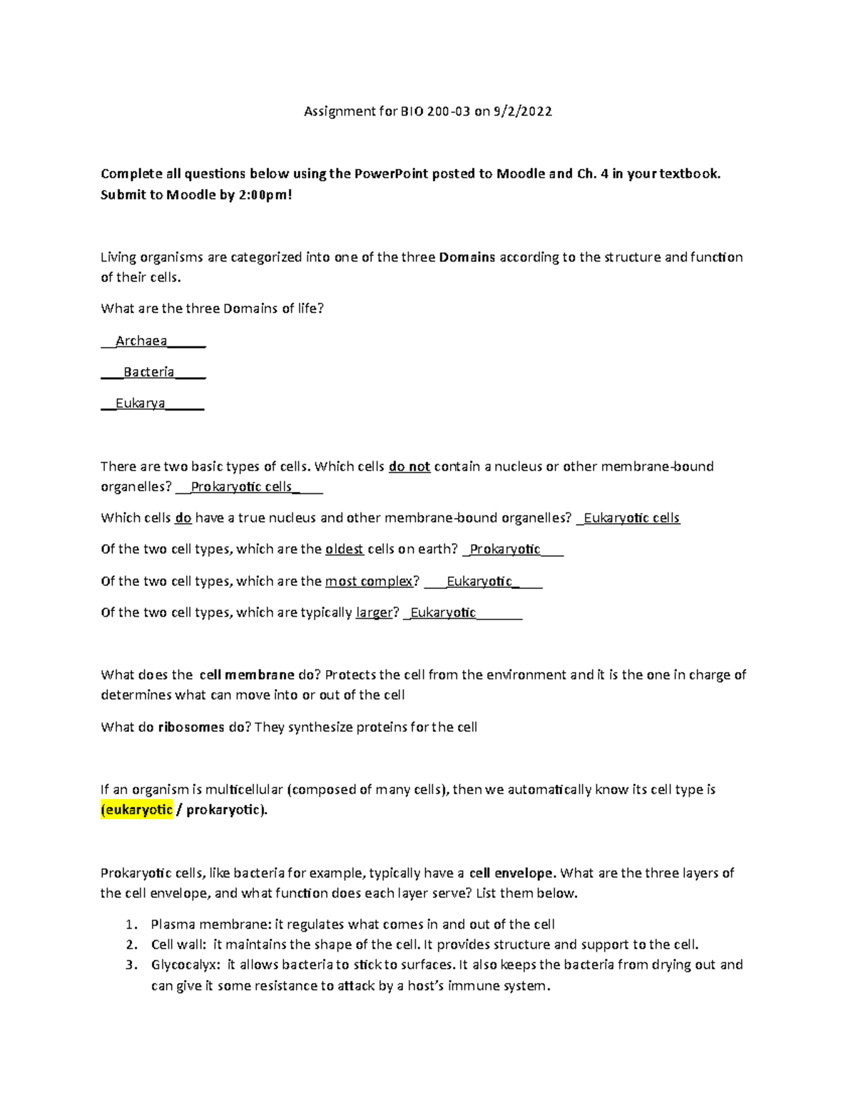 Ch4 assignment - Chapter 4 questions - Assignment for BIO 200-03 on 9/2/ Complete all questions ...