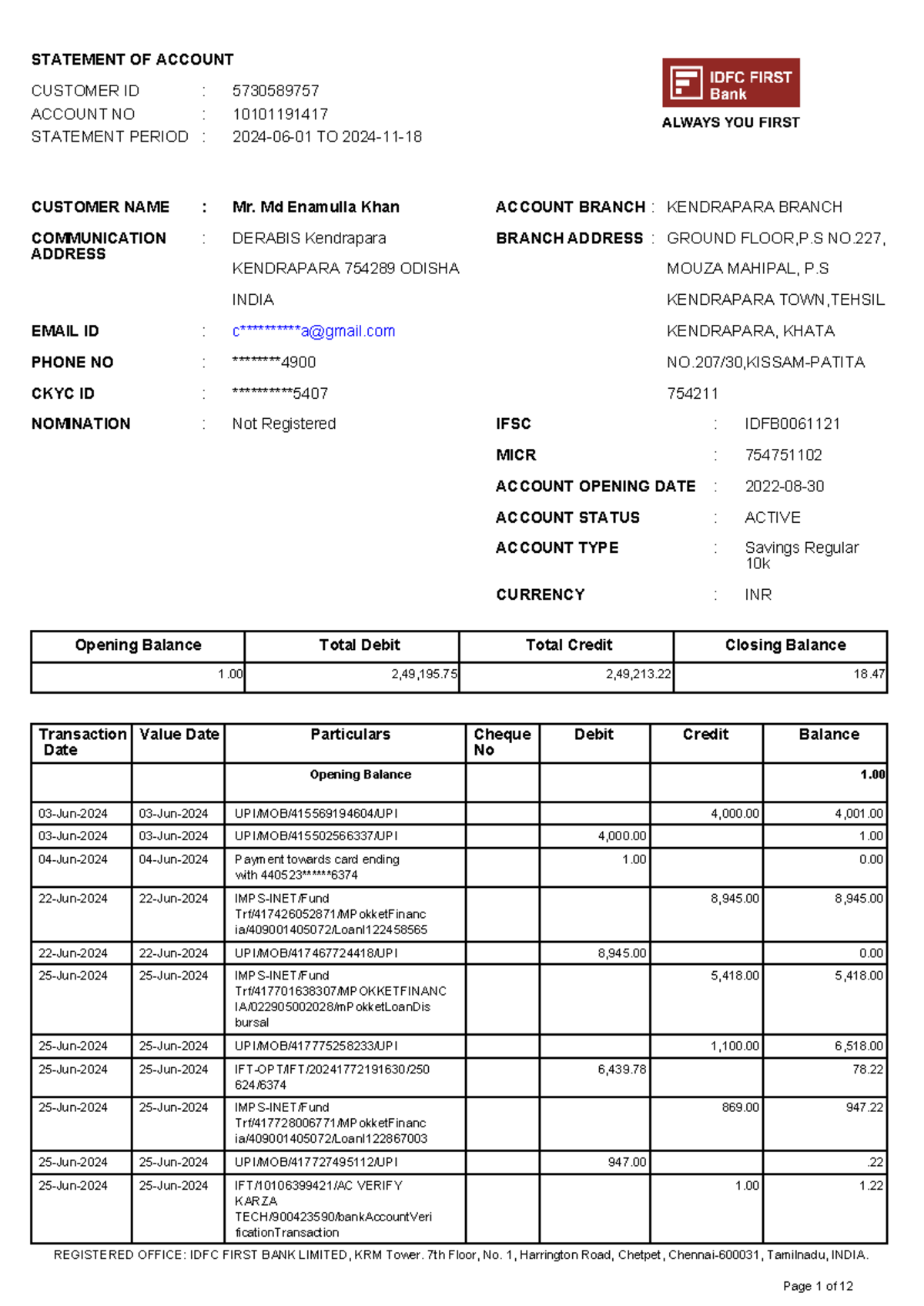 Idfcfirstbankstatement 10101191417 - CUSTOMER ID : 5730589757 ACCOUNT ...