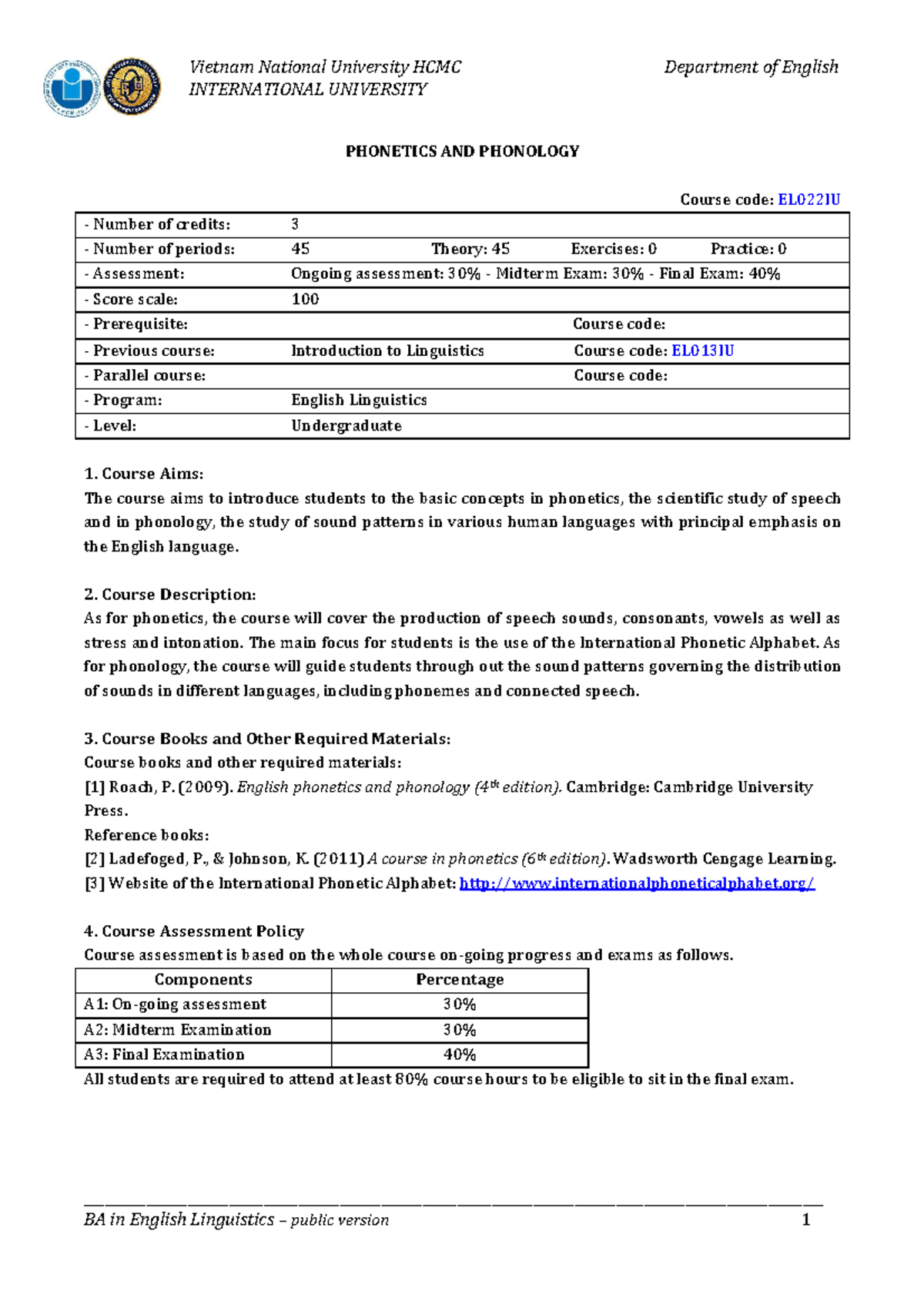 EL022IU Phonetics and Phonology public syllabus ver 1 - Vietnam ...