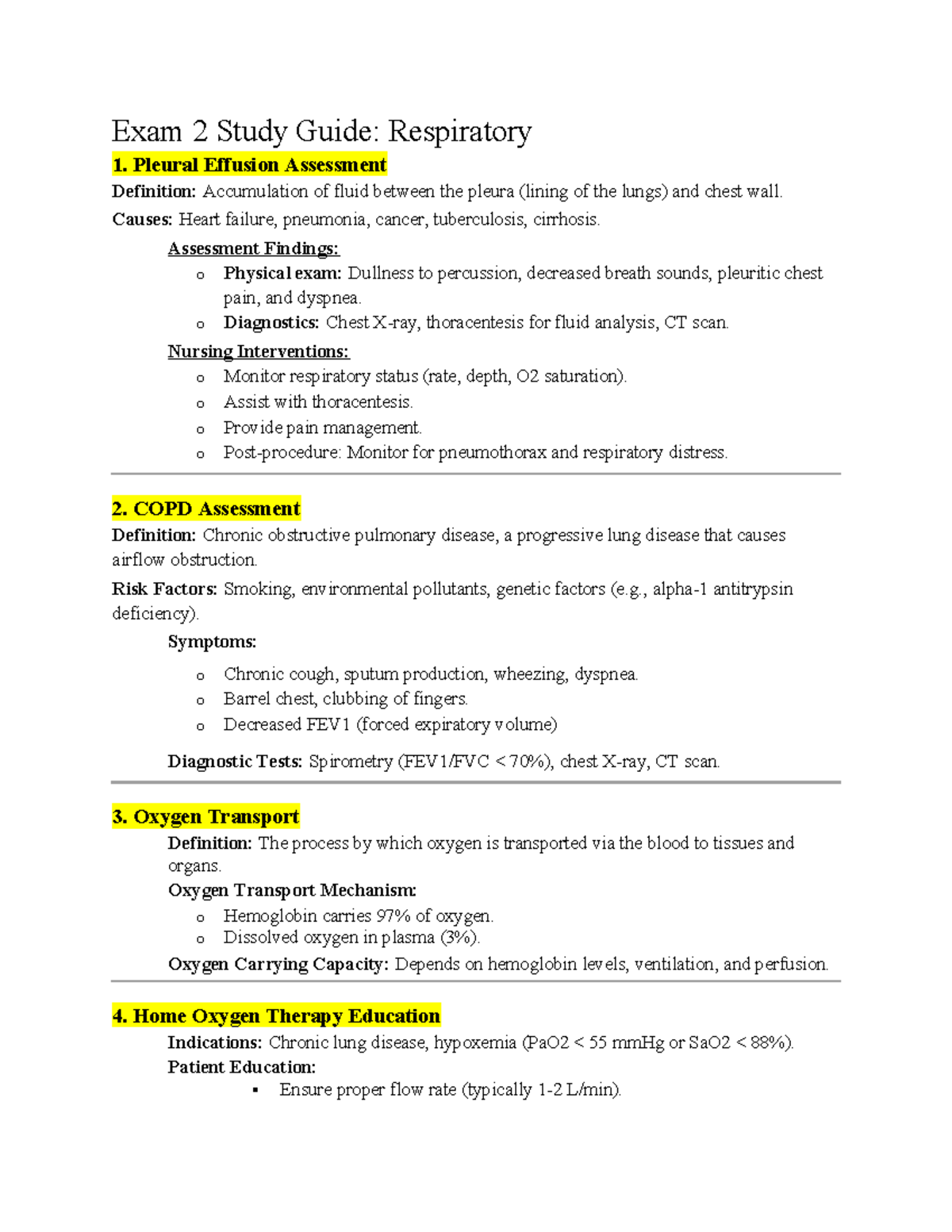 Exam 2 study guide respiratory 2 - Exam 2 Study Guide: Respiratory 1 ...