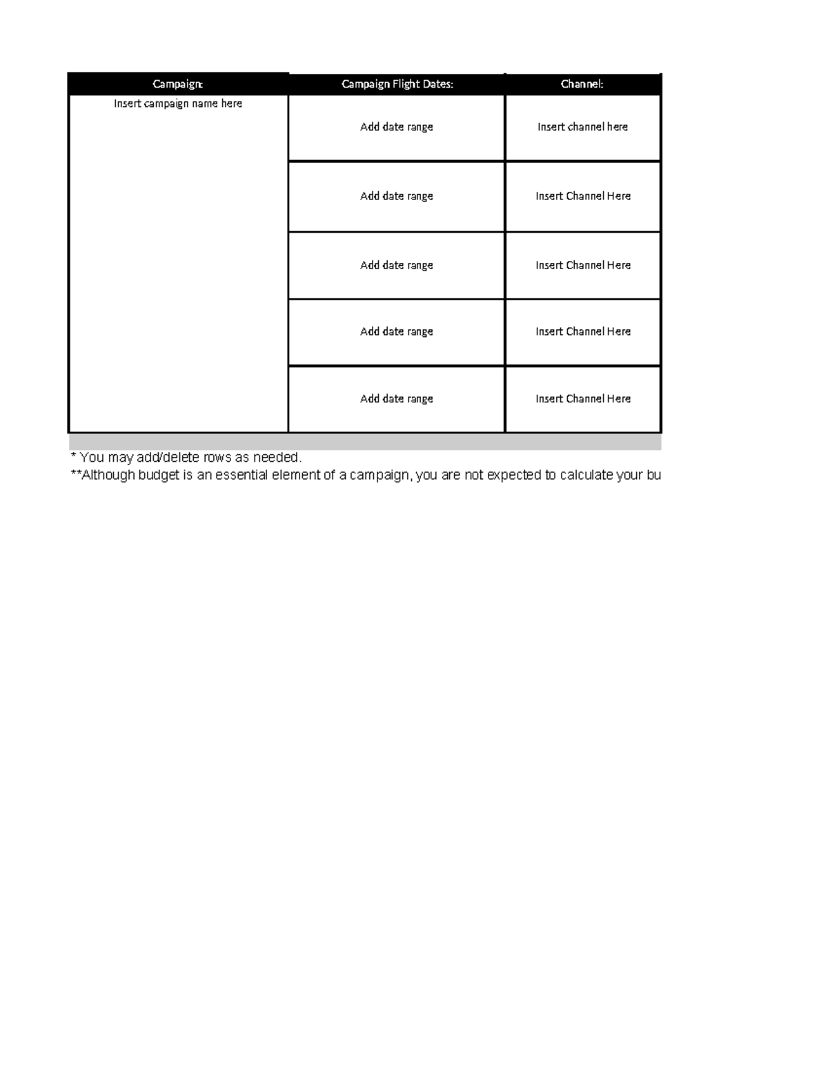 MKT 335 Media Plan Template - Campaign: Campaign Flight Dates: Channel ...