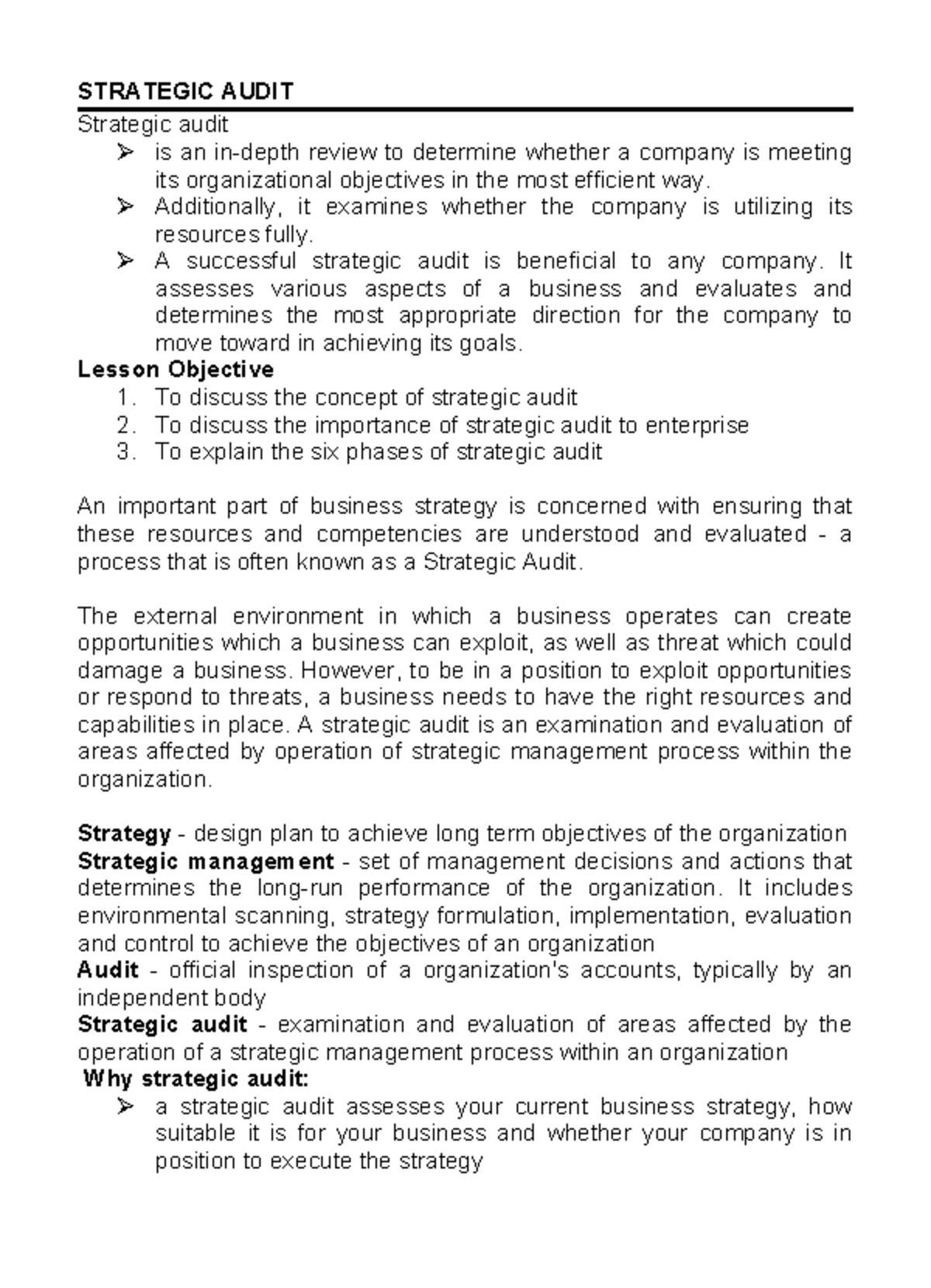 Final topics - fgdgsg - STRATEGIC AUDIT Strategic audit is an in-depth ...