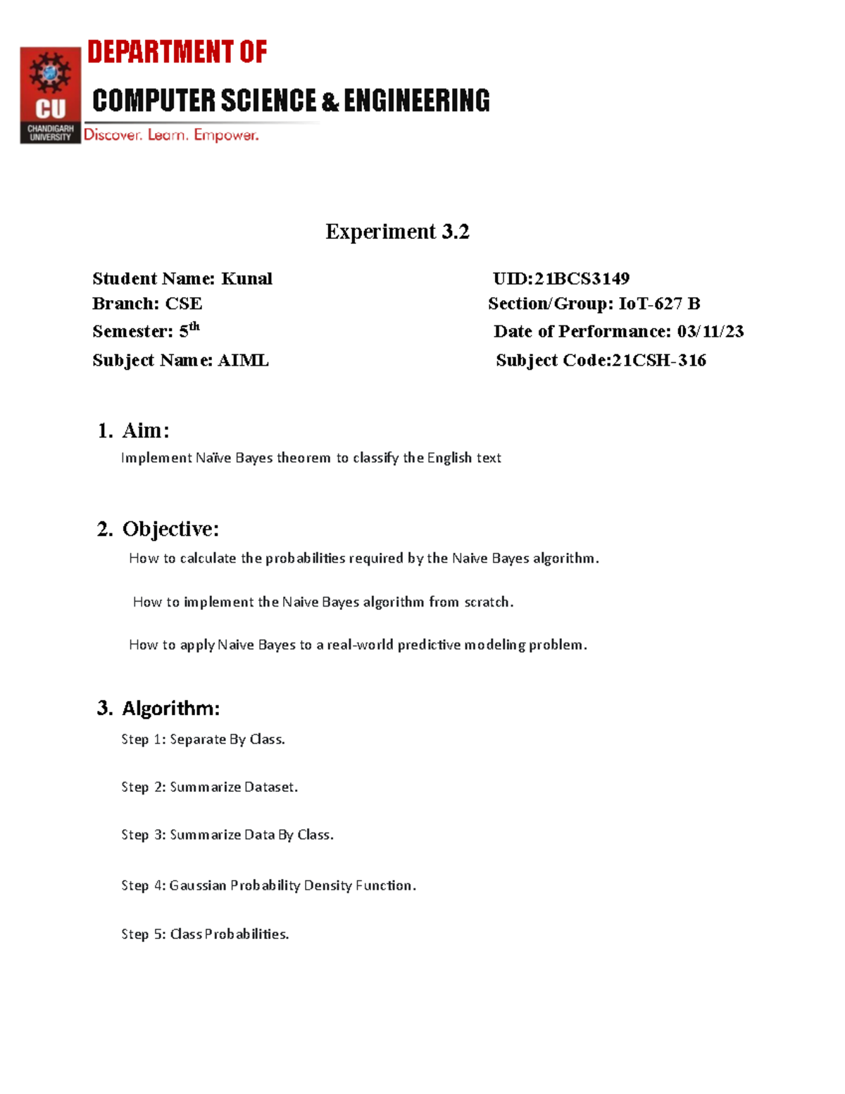 Aiml worksheet 3.3 - DEPARTMENT OF COMPUTER SCIENCE & ENGINEERING Experiment 3. Student Name ...
