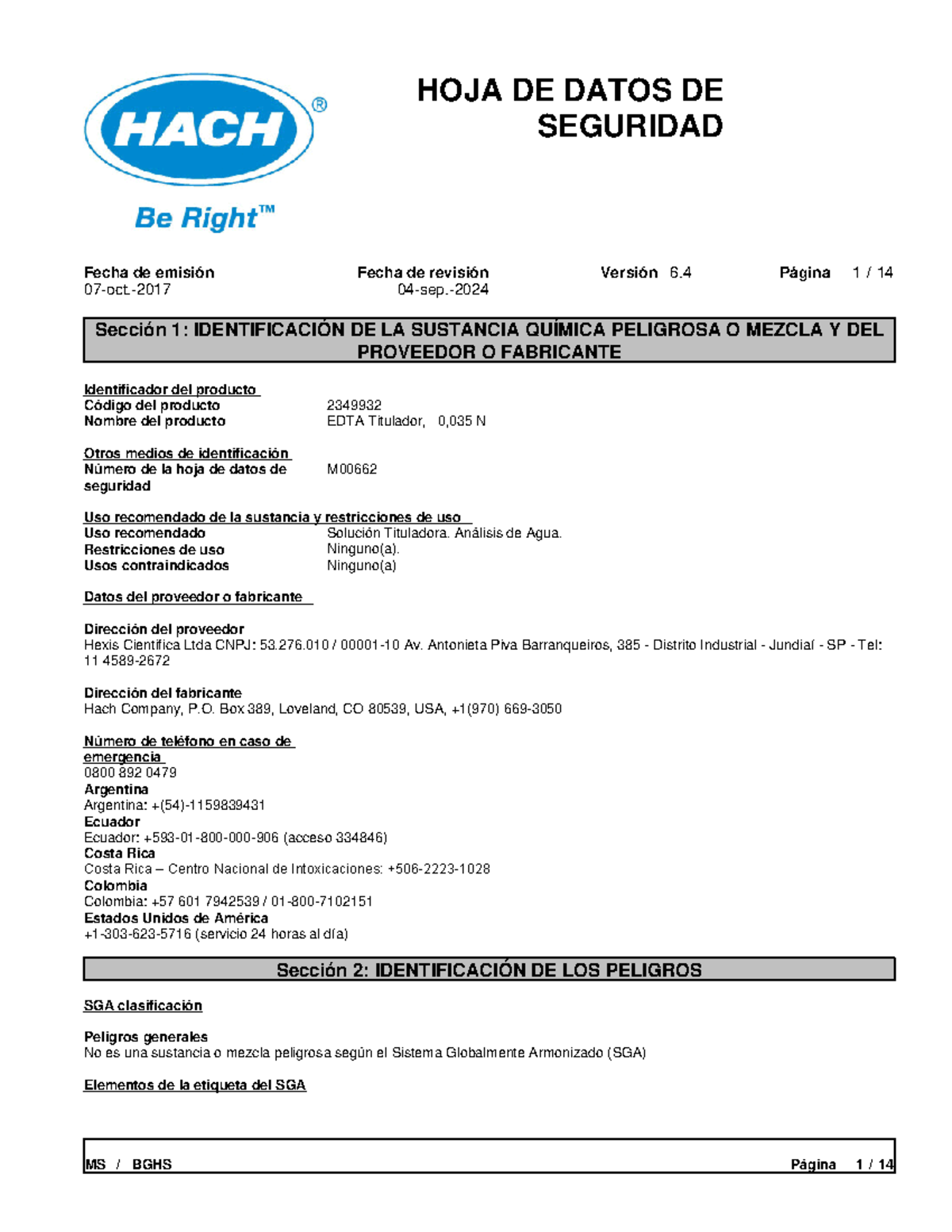 2349932 BGHS MS - ninguno - HOJA DE DATOS DE SEGURIDAD Fecha de emisión ...
