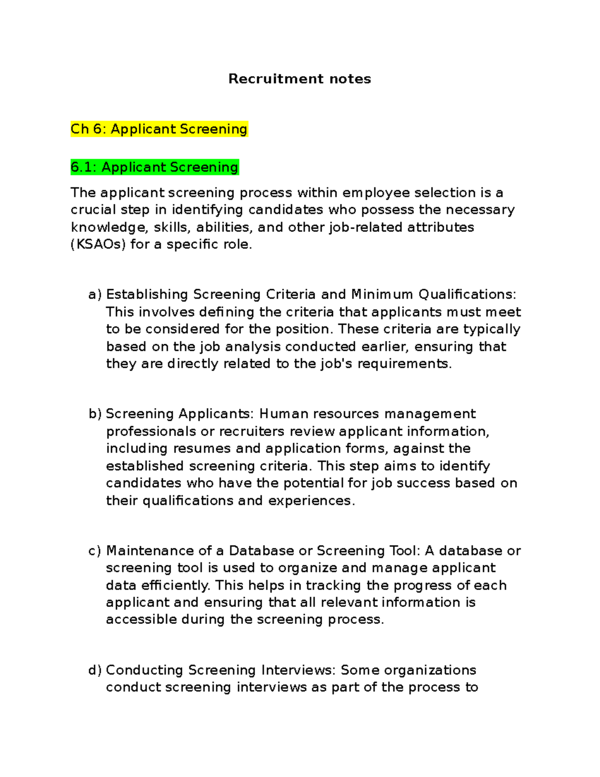 Recruitment notes - a) Establishing Screening Criteria and Minimum ...