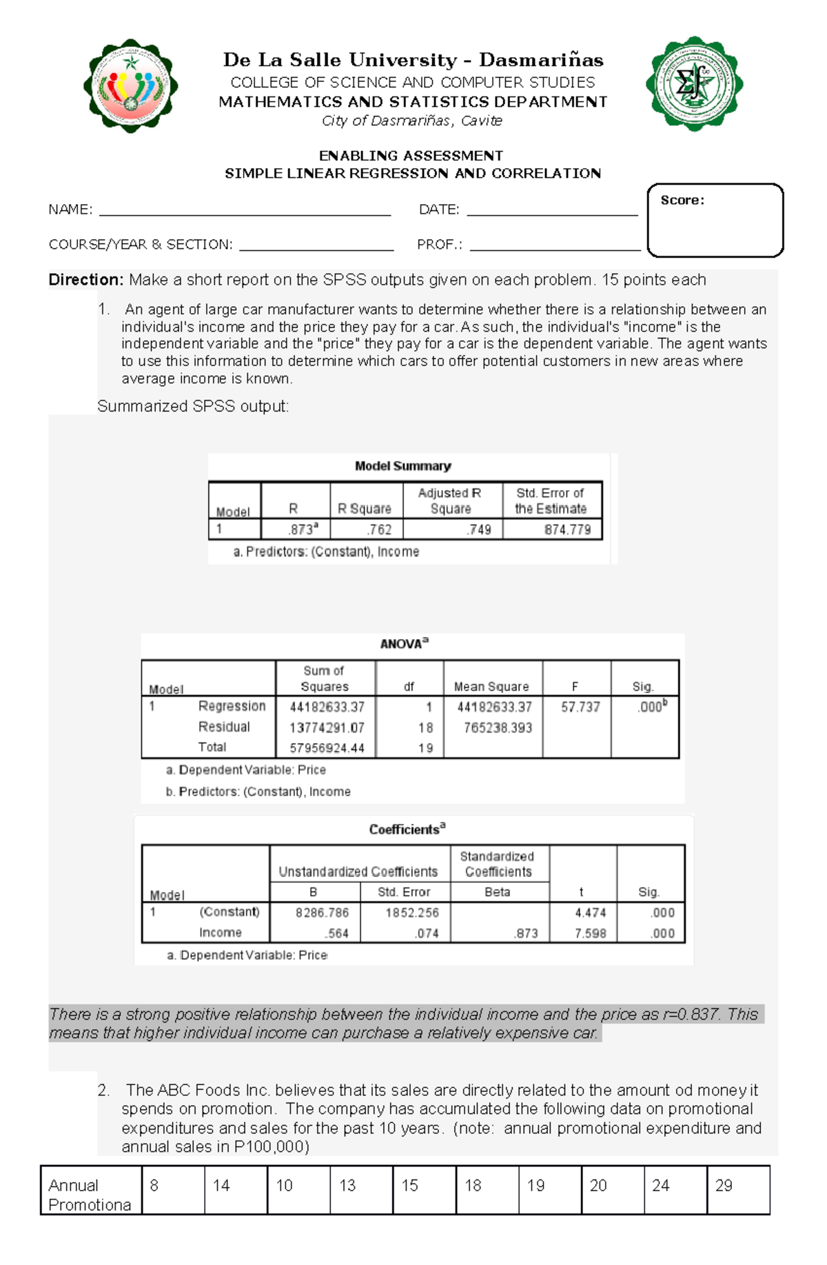 Enabling assessment in Simple Linear Regression and Correlation - De La ...