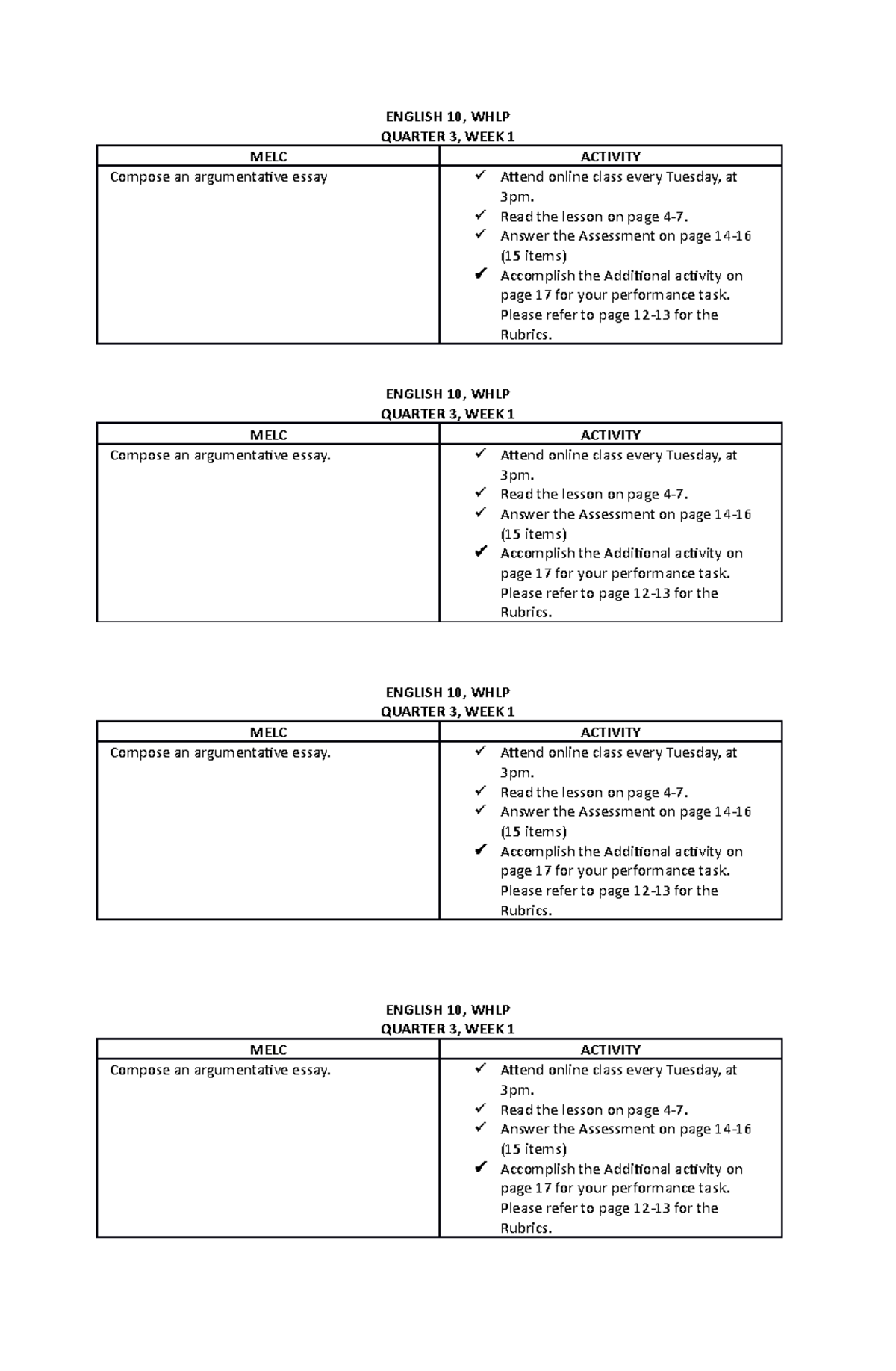 English 10 WEEK 1-Quarter 3 1PAGE 35 Copies - ENGLISH 10, WHLP QUARTER ...