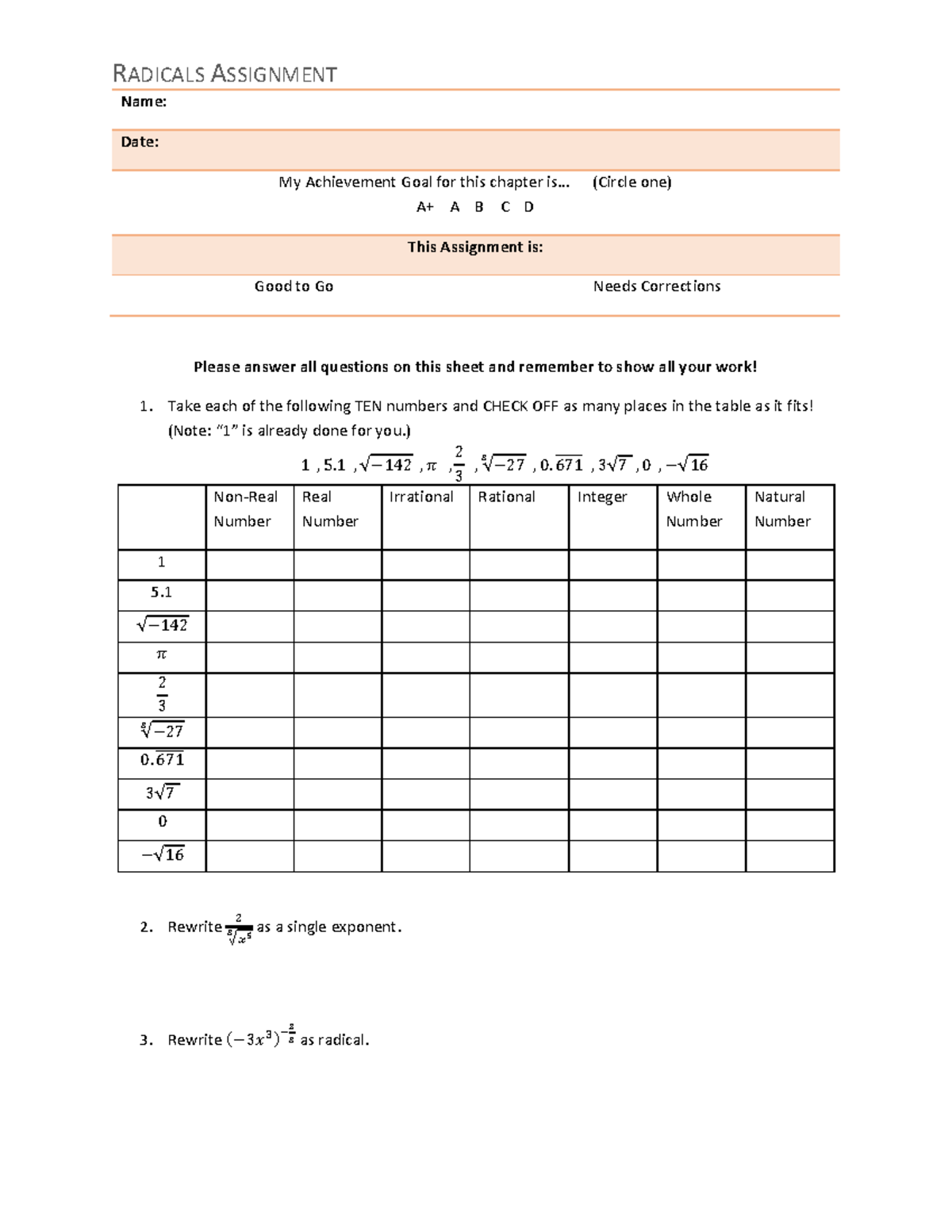 Radicals Mastery Assignment pre calculus 11 - RADICALS ASSIGNMENT Name ...