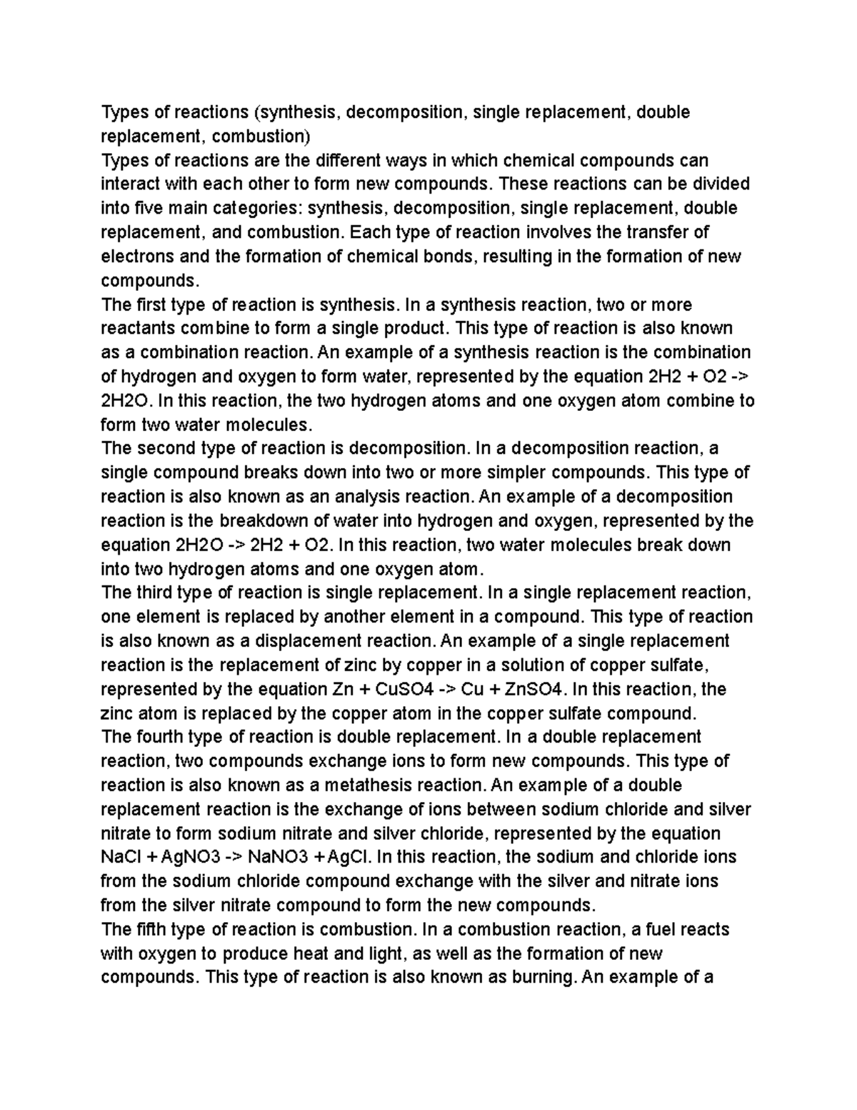 Types of reactions (synthesis, decomposition, single replacement ...