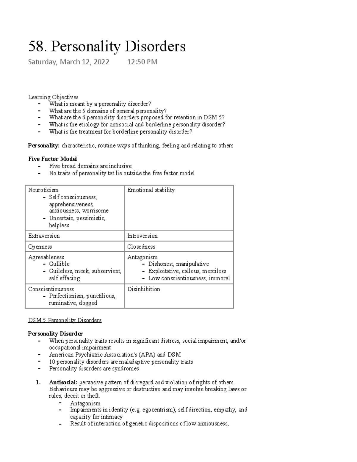 Week 21 Reading - 58. Personality Disorders Notes - Psyc 100 - - StuDocu