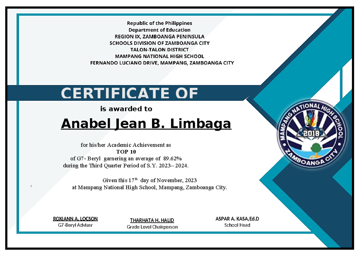 Certificate- Template - i is awarded to for his/her Academic Achievement as TOP 10 of G7- Beryl ...