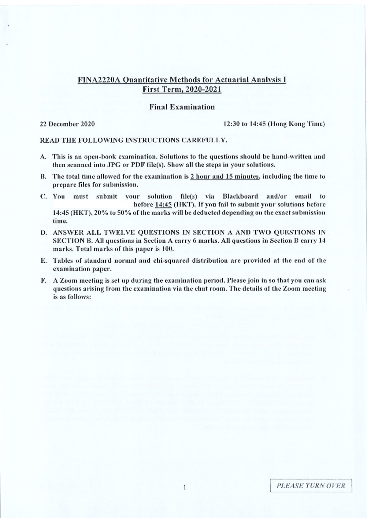 FINA2220 A - Exam paper - Quantitative Methods for Actuarial Analysis I First Term, Final - Studocu