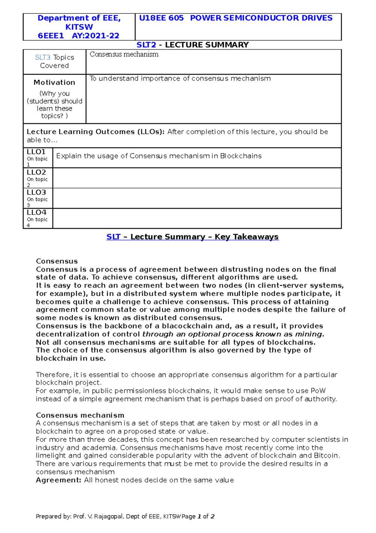 SLT3-Consensusmechanism - Department of EEE, KITSW 6EEE1 AY:2021- U18EE ...