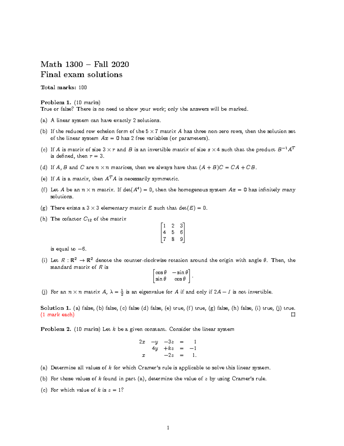 Math1300 F2020 final key 202012 15 - Math 1300 – Fall 2020 Final exam ...