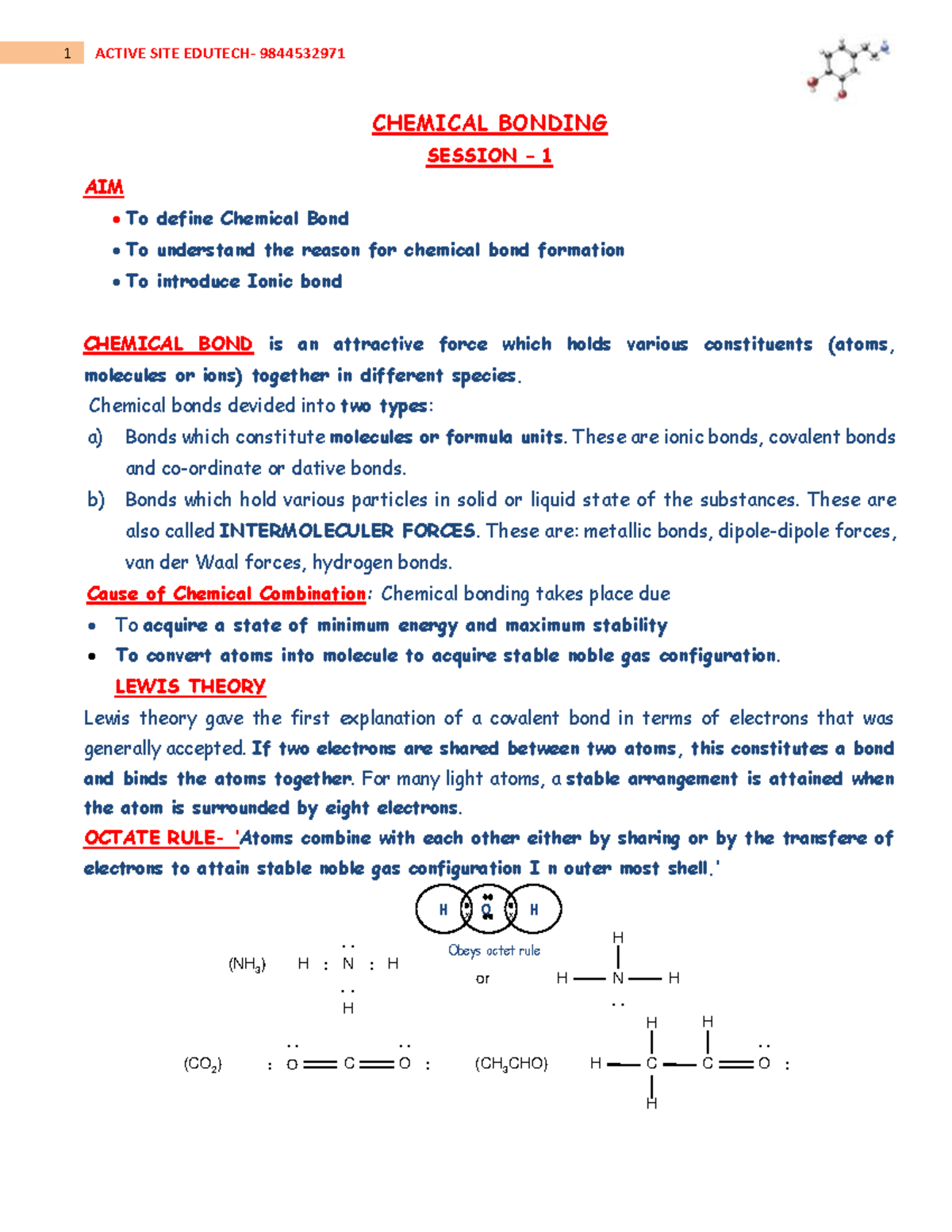 Chemical Bonding - ####### 1 ACTIVE SITE EDUTECH- 9844532971 CHEMICAL ...