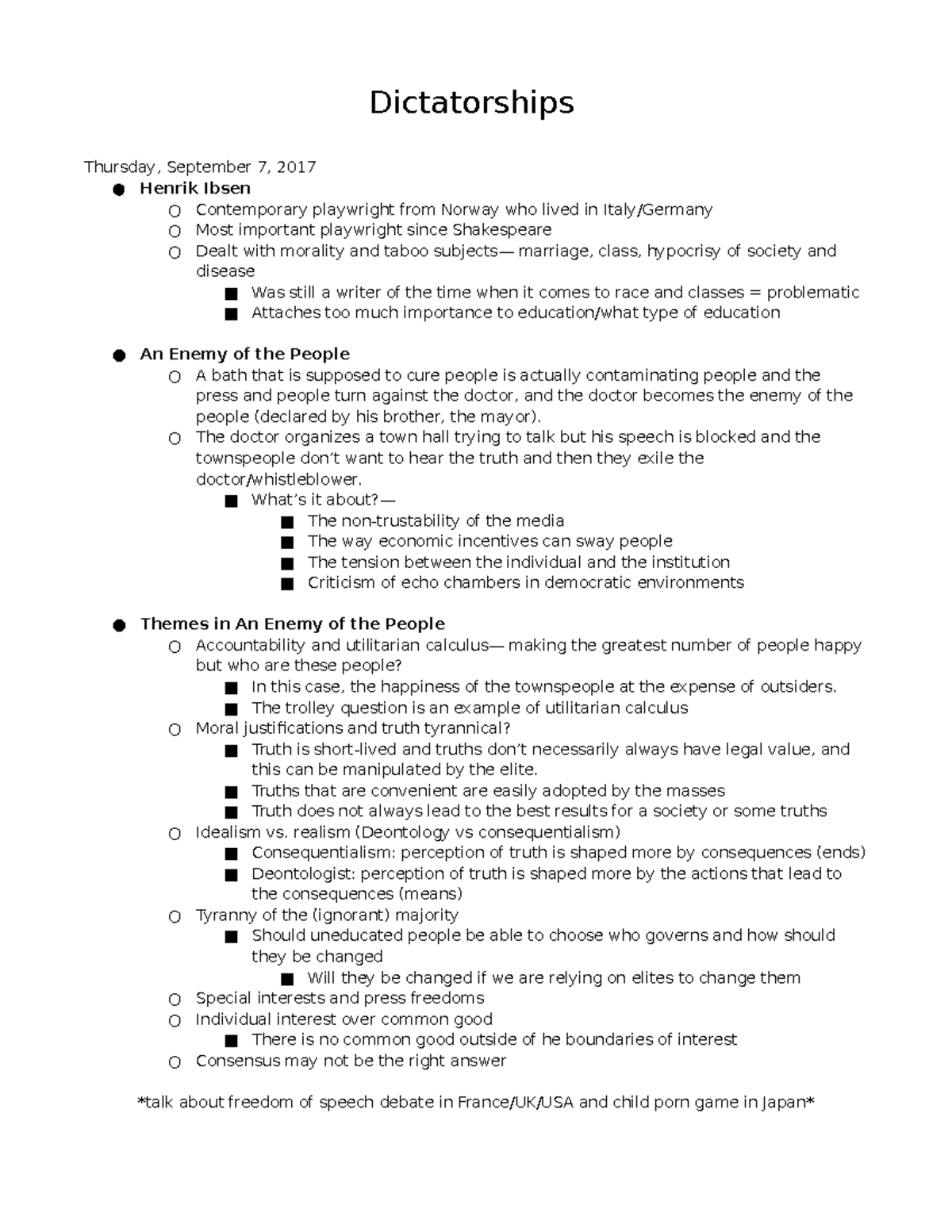 Dictatorship Notes - Dictatorships Thursday, September 7, 2017 Henrik ...