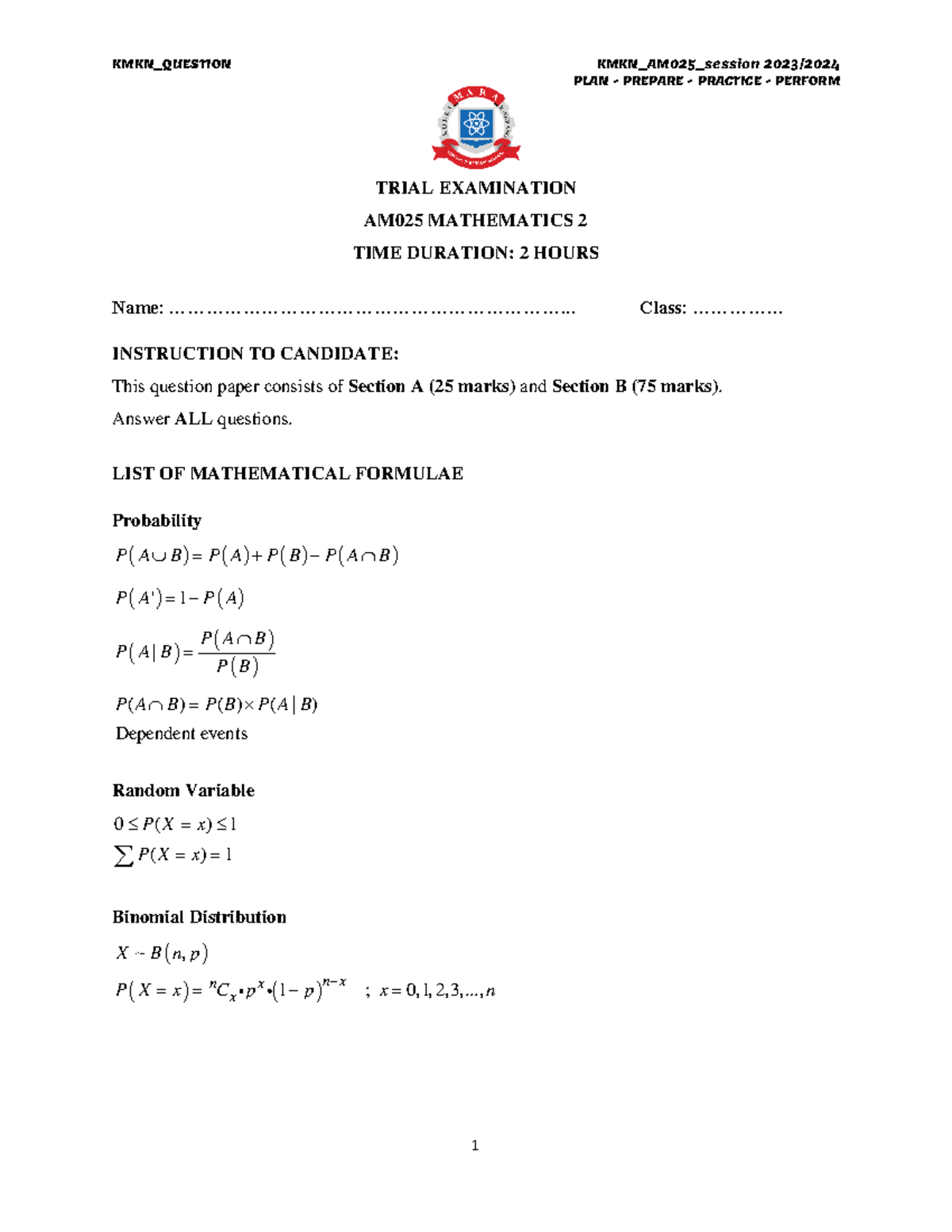 KMKN Question Trial AM025 2024 - ####### PLAN - PREPARE - PRACTICE ...