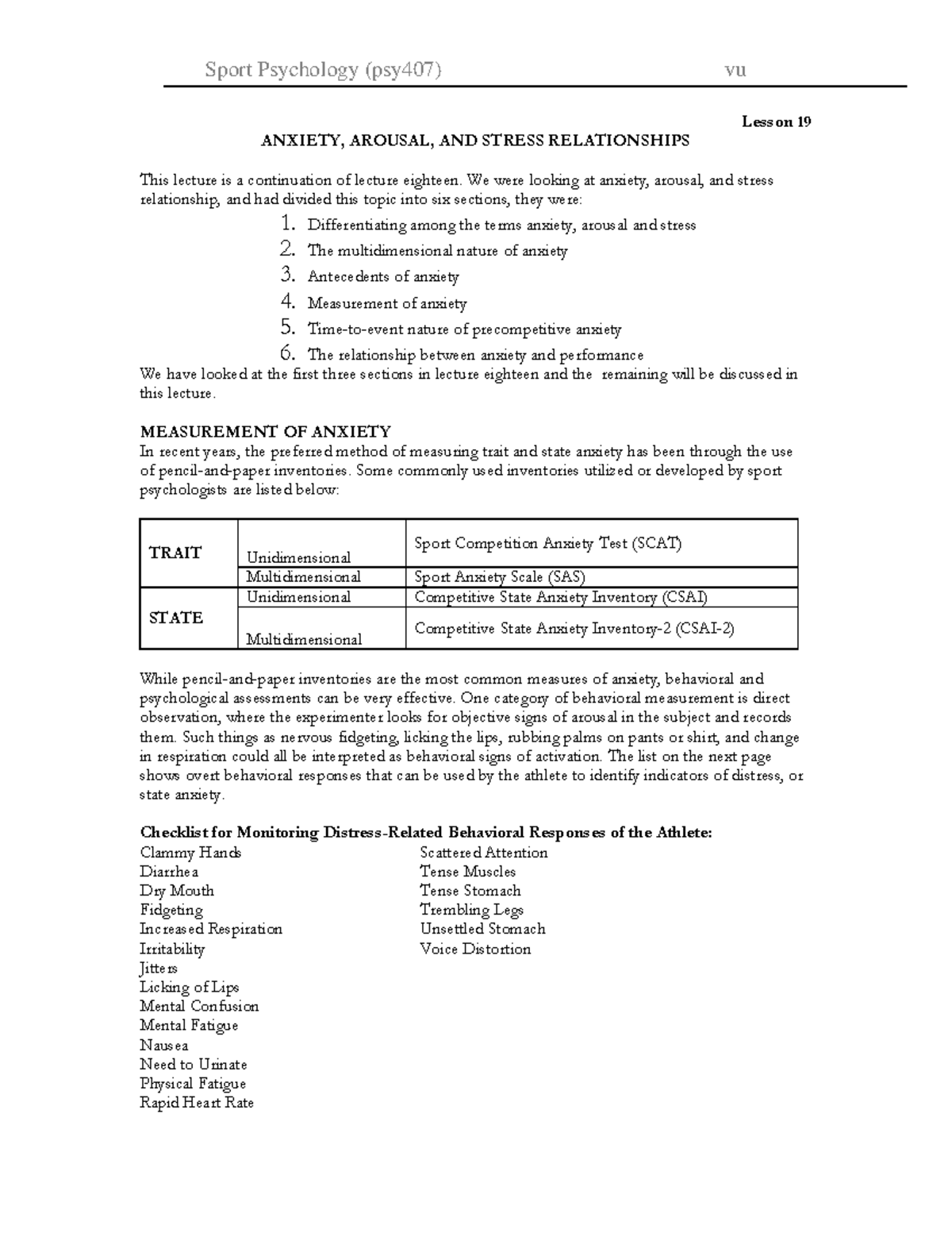 Lesson 19 - Lecture handouts - Sport Psychology (psy407) vu Lesson 19 ...