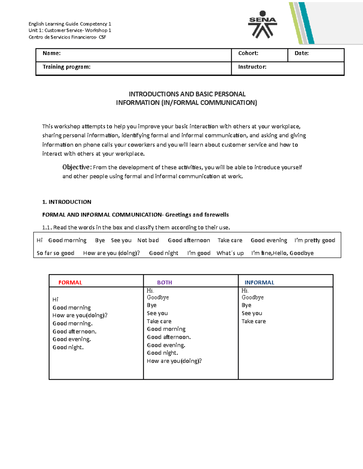 INTRODUCTIONS AND BASIC PERSONAL INFORMATION (IN/FORMAL COMMUNICATION ...